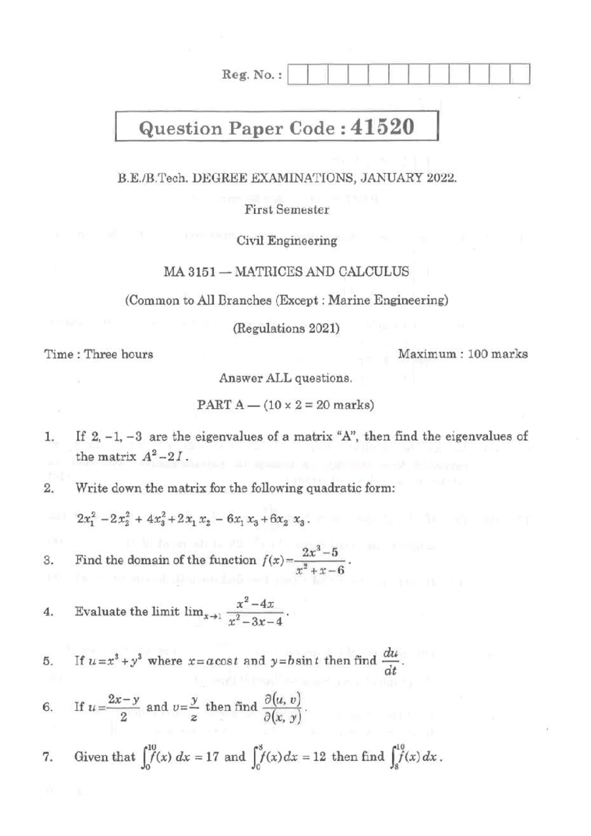 MA 3151 Final Exam: Matrices and Calculus Question Paper (Jan 2022 ...