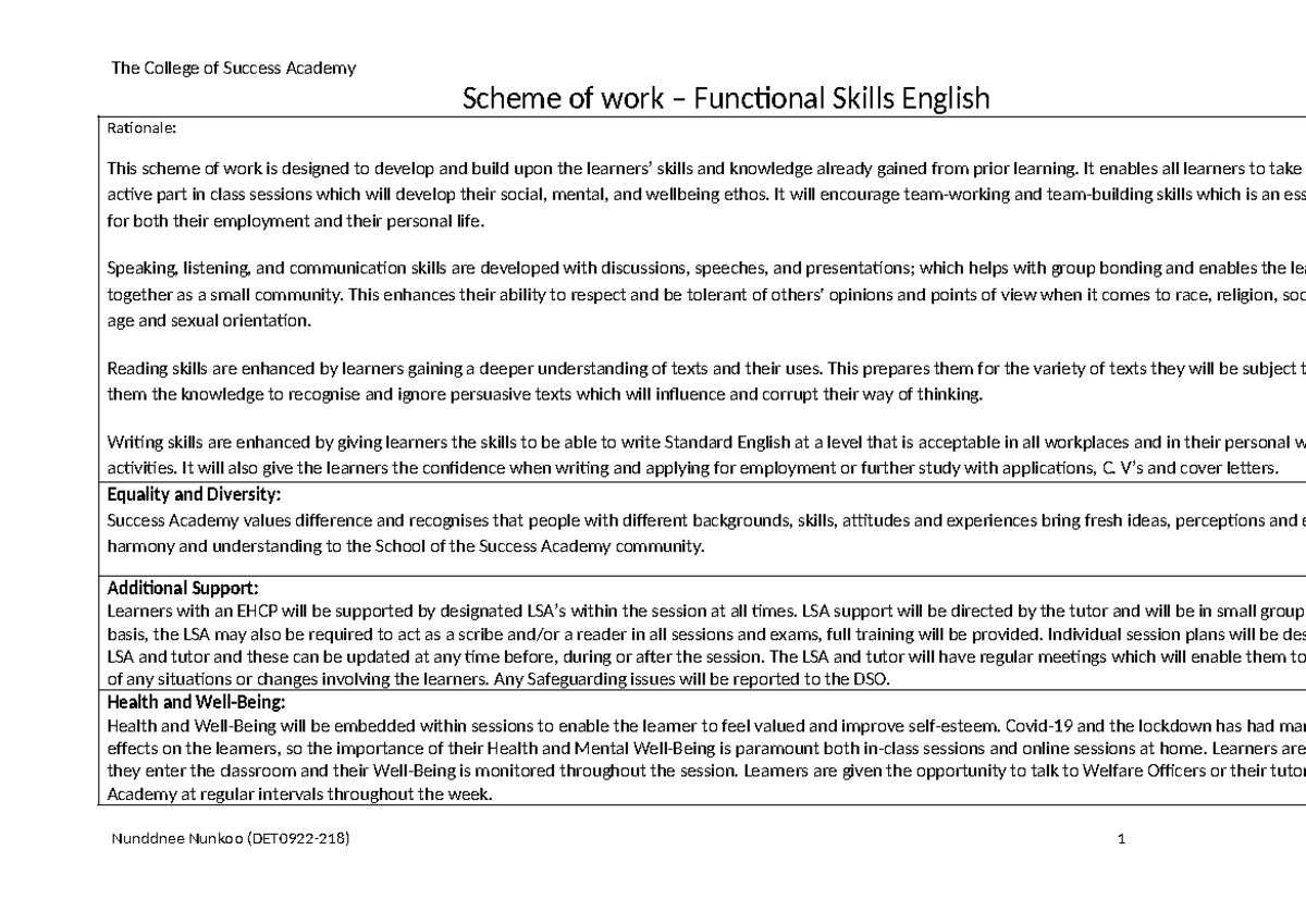 FS English SOW - Comprehensive Scheme of Work Overview - Studocu