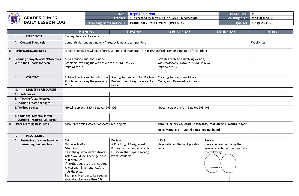 DLL Mathematics 5 Q4 W2 - Daily lesson plan - GRADES 1 to 12 DAILY ...