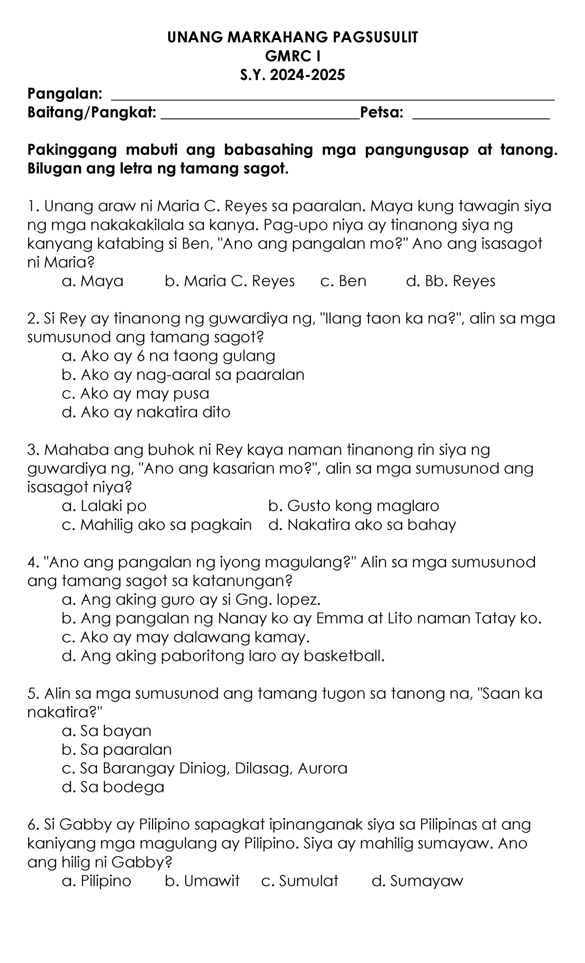 1st PT GMRC 1 final - Periodical Test - UNANG MARKAHANG PAGSUSULIT GMRC ...