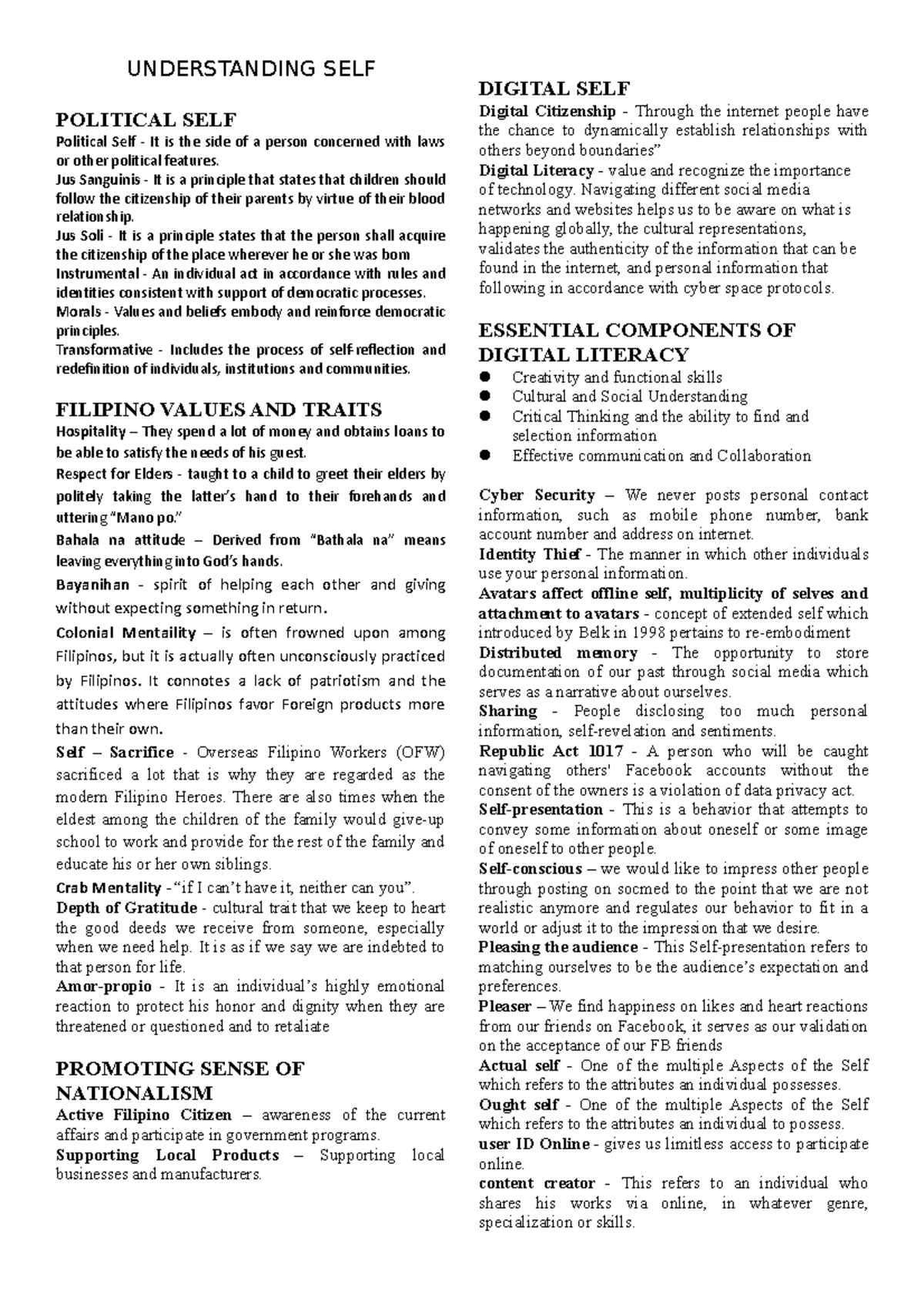 Understanding the SELF: A Comprehensive Reviewer Guide - Studocu