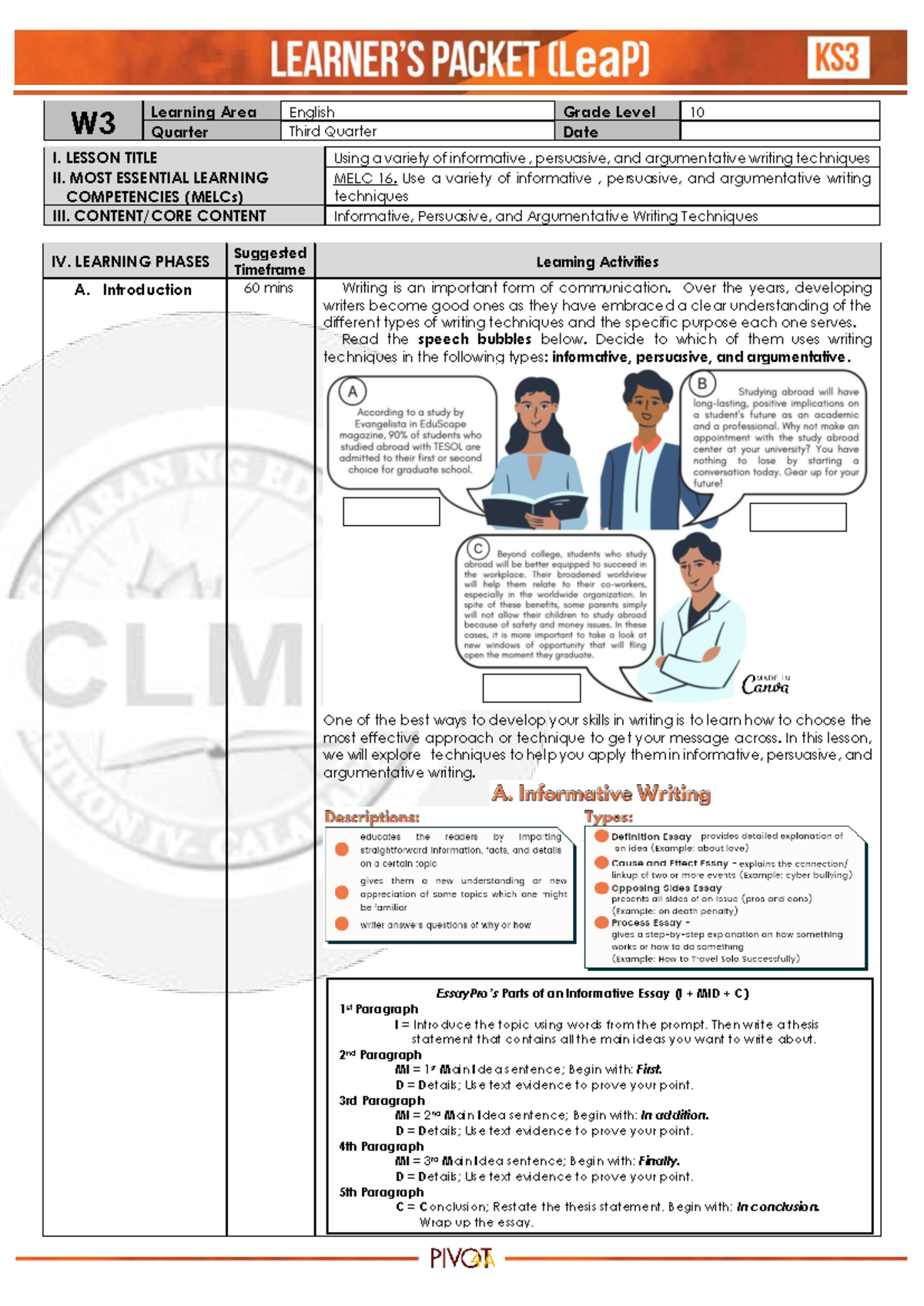 English 10 Q3 Week 3 - Informative, Persuasive, and Argumentative Writing Techniques - Studocu