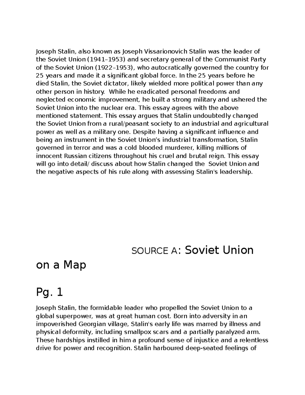 Zoehis 2 - Essay on Joseph Stalin's Leadership and Impact (Grade 12 ...