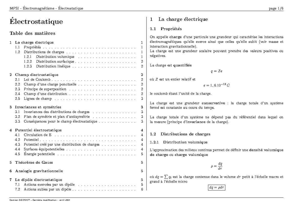 Electrostatique electrocinetique resume 03 - Electrostatique ́ Table ...