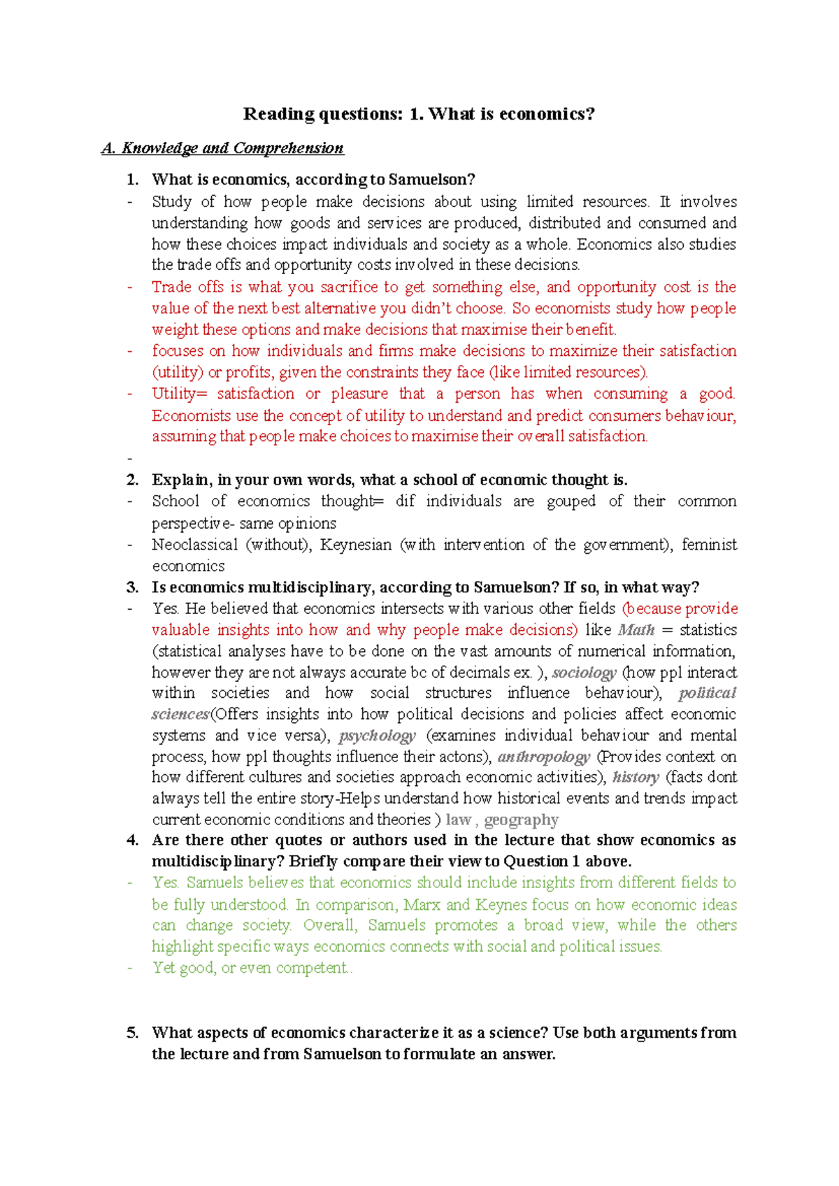 Reading Questions on Economics: Key Concepts & Models (ECON 101 ...