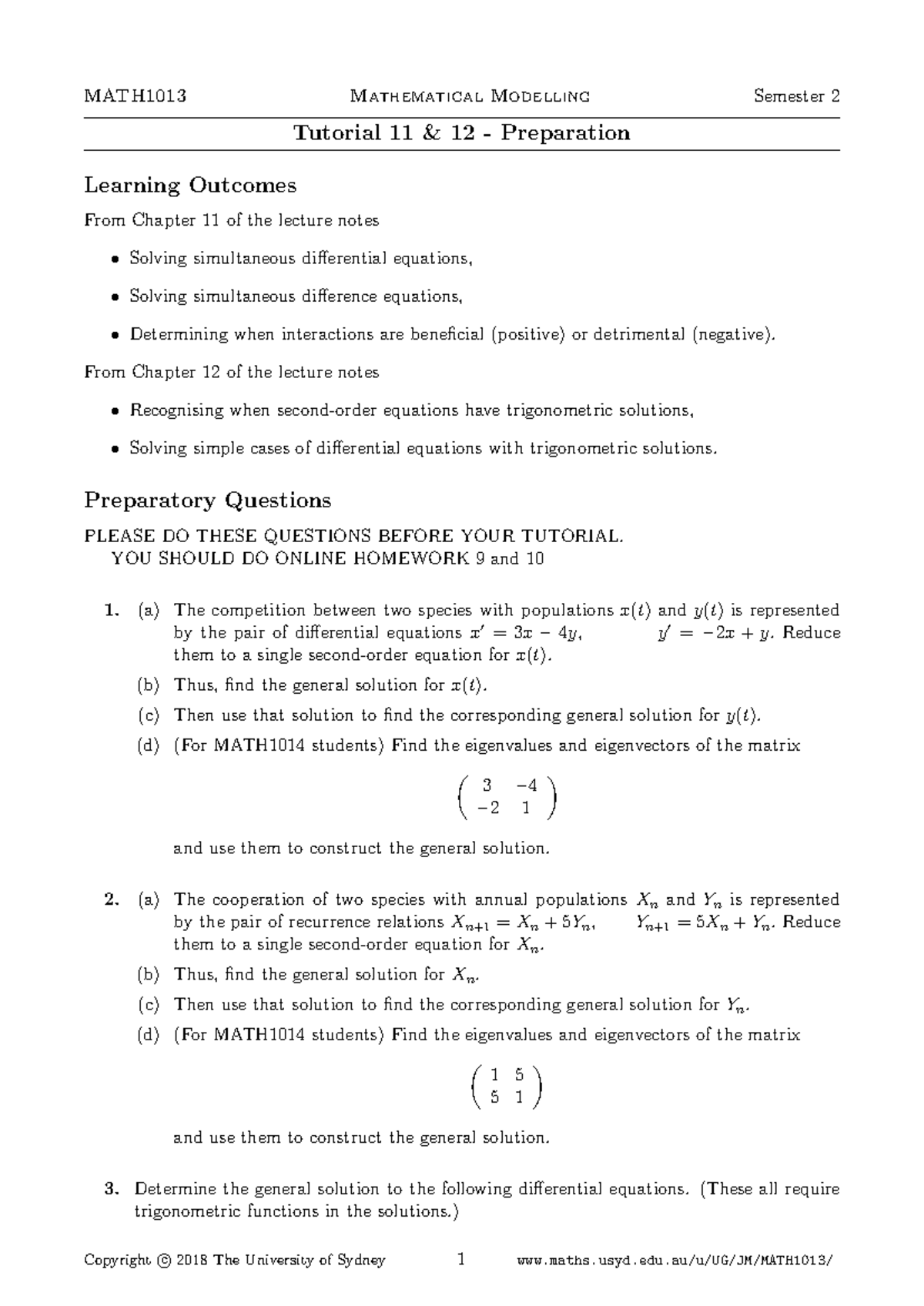 MATH1013 Tutorial 11 & 12 Preparation Worksheet - MATH1013 Mathematical ...