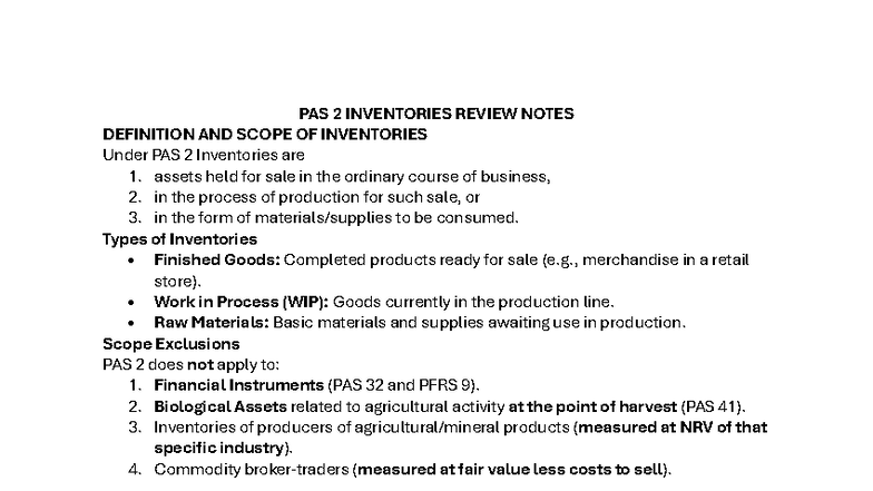 PAS 2 INVENTORIES REVIEW NOTES: DEFINITION, SCOPE & MEASUREMENT - Studocu