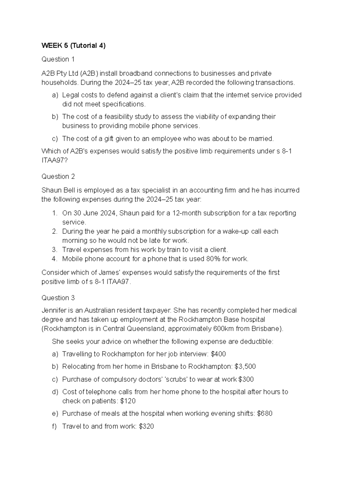 Tutorial Questions Week 5 (A2B Pty Ltd & Tax Deductions) - Studocu