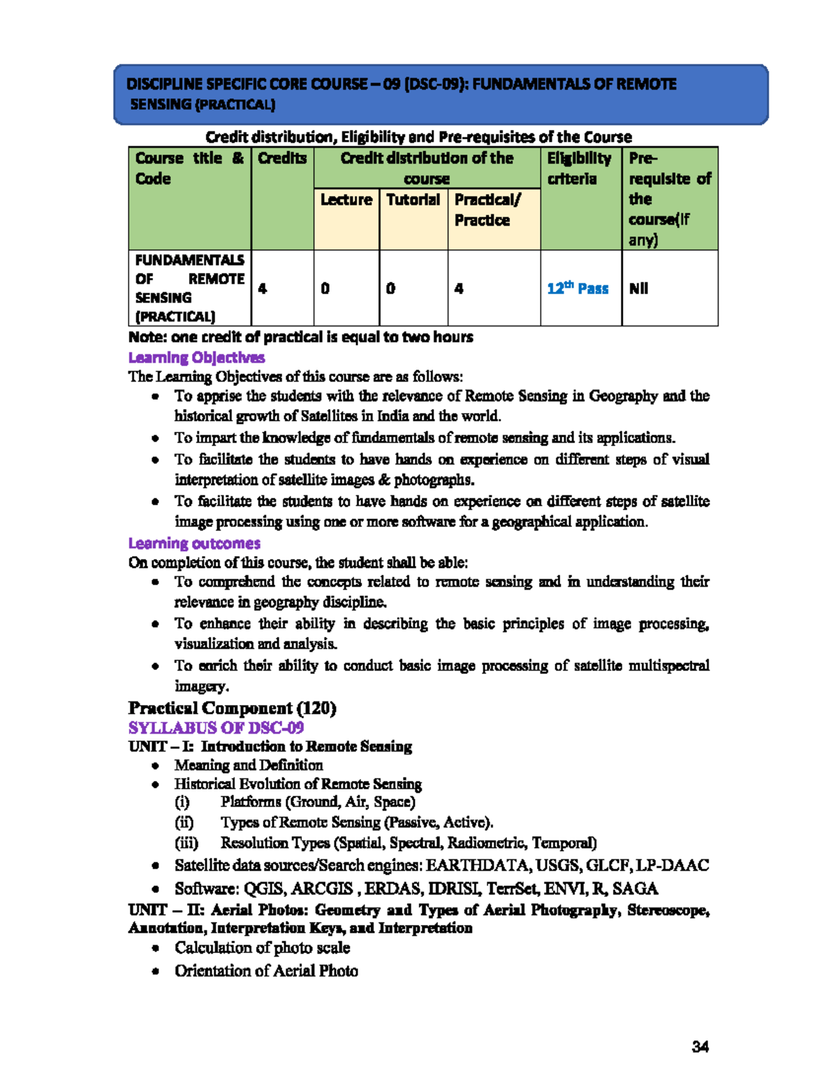 Syllabus - DSC 09: Fundamentals of Remote Sensing (Practical) - Studocu