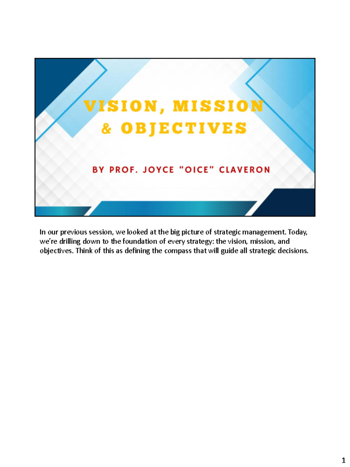 Lesson 2: Vision, Mission, and Objectives in Strategic Mgt - PPT - Studocu