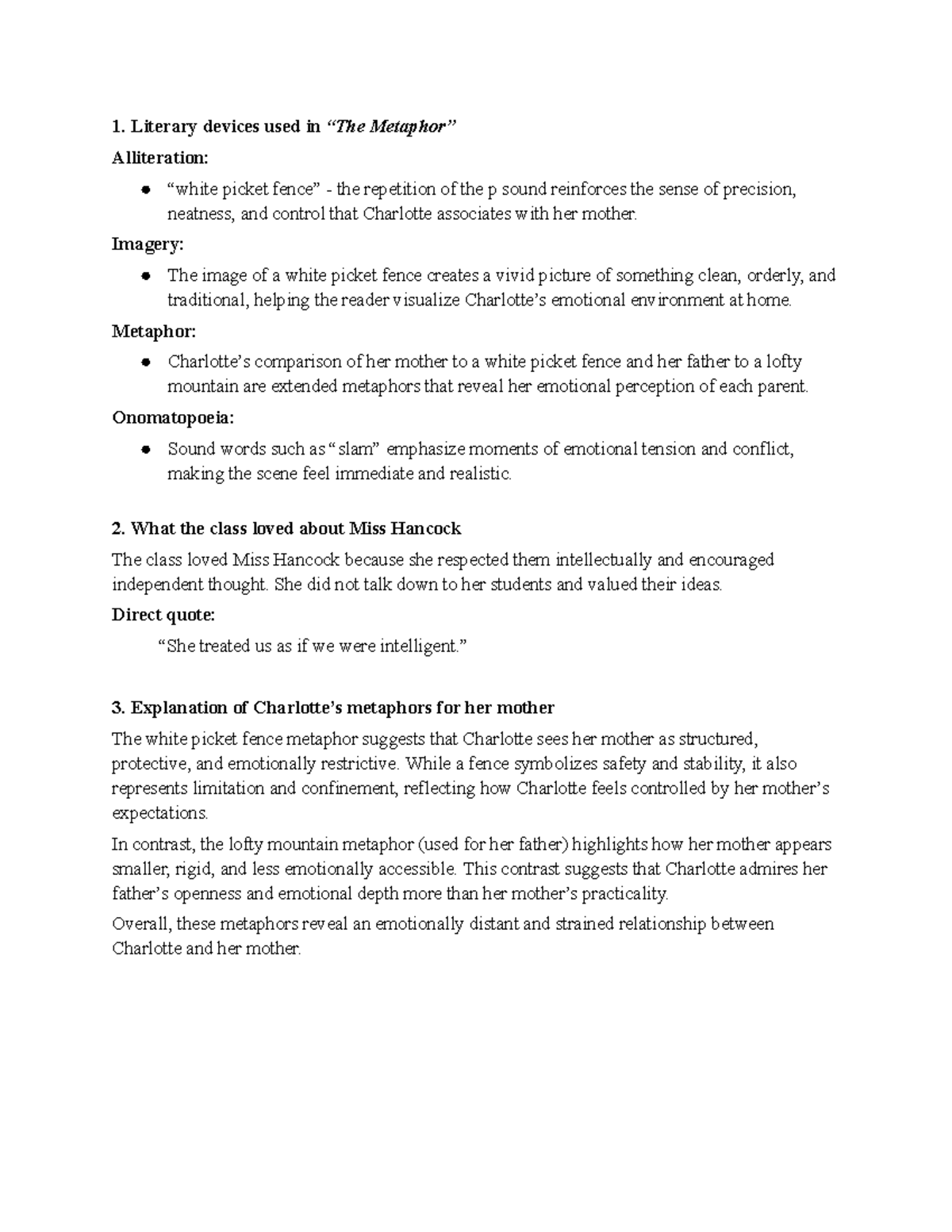 Literary Devices & Metaphors in Charlotte's Perception - Notes - Studocu