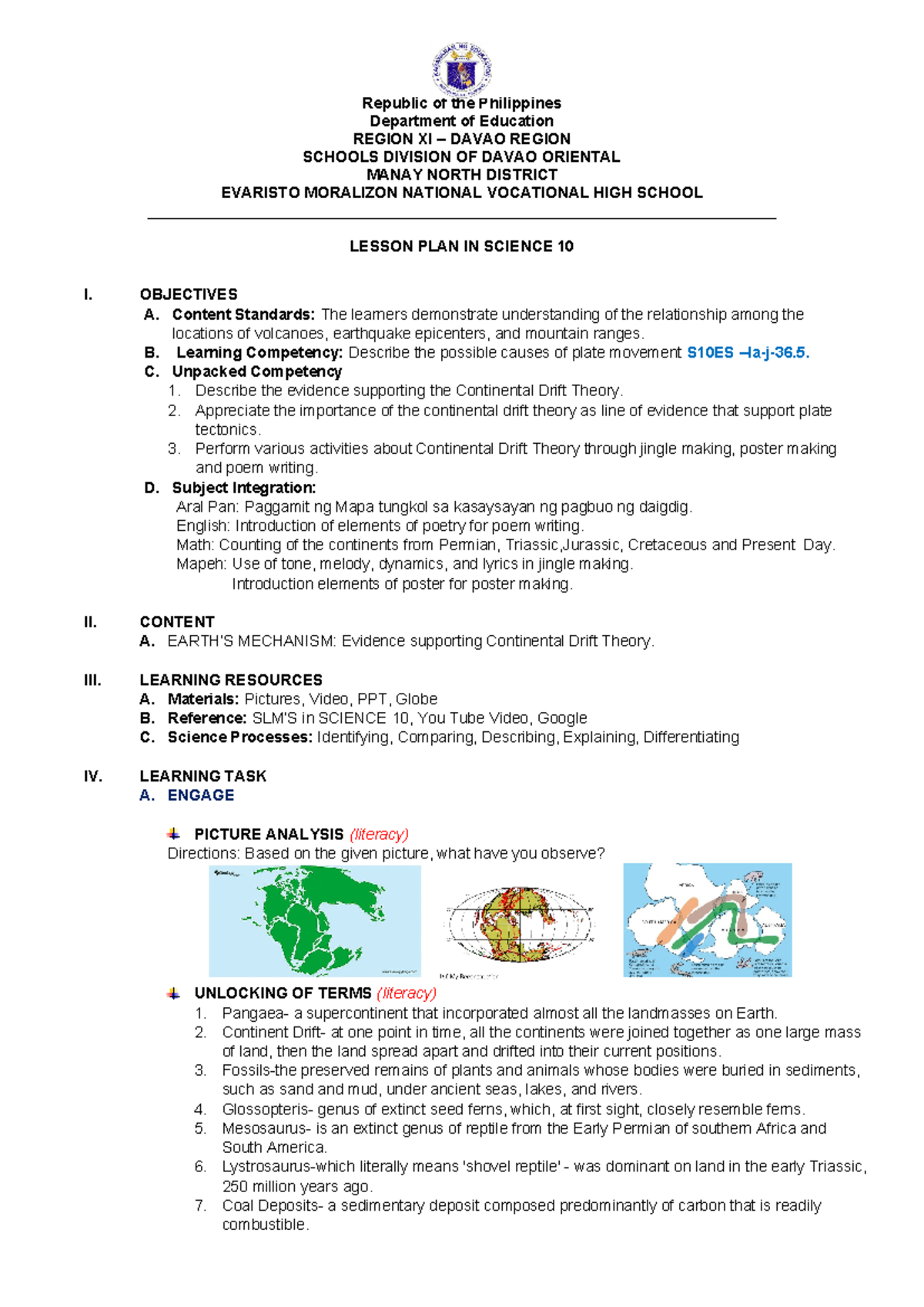 Lesson Plan: Exploring Continental Drift Theory in Science 10 - Studocu