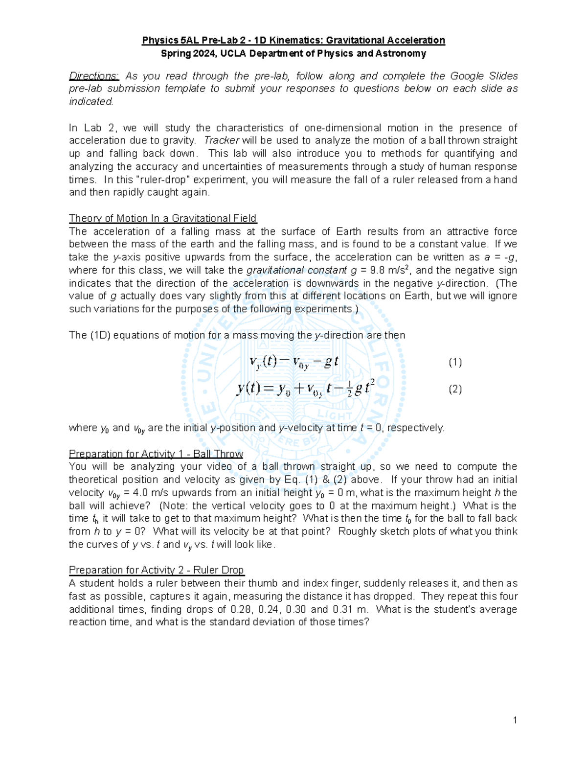 5AL Pre-Lab 2: Analyzing 1D Motion & Measurement Uncertainties - S24v3 ...