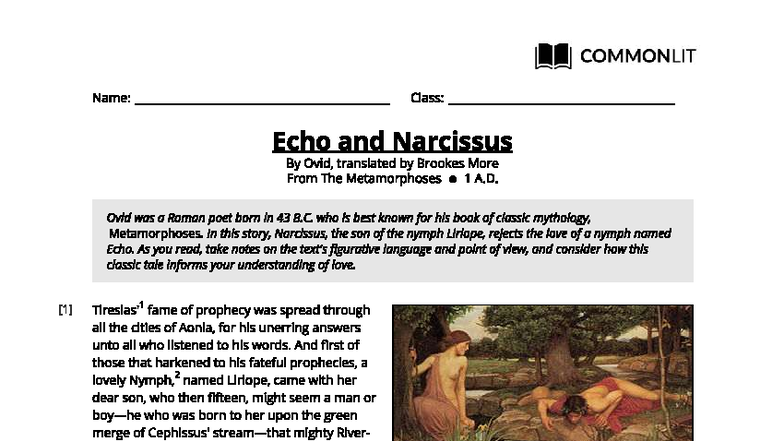 Narcissus and Echo: Notes on Ovid's Metamorphoses (CommonLit) - Studocu
