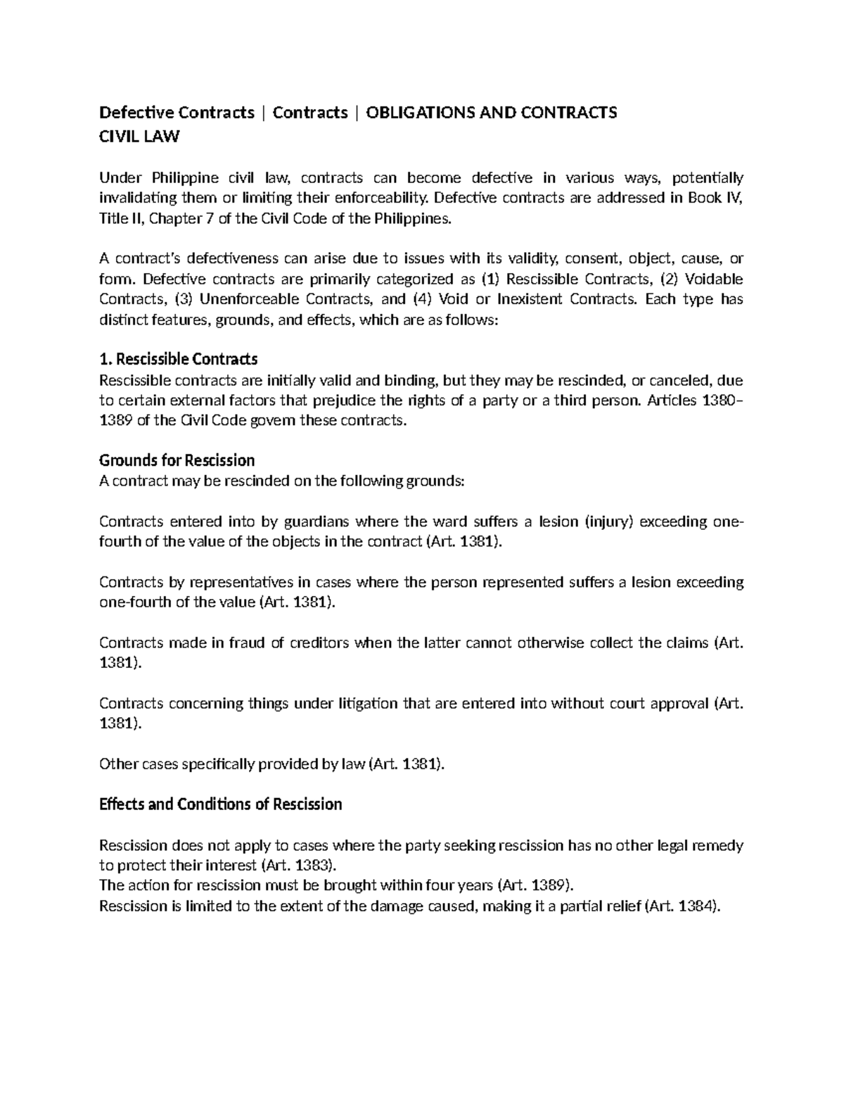 Defective Contracts: OBLIGATIONS AND CONTRACTS CIVIL LAW Overview - Studocu