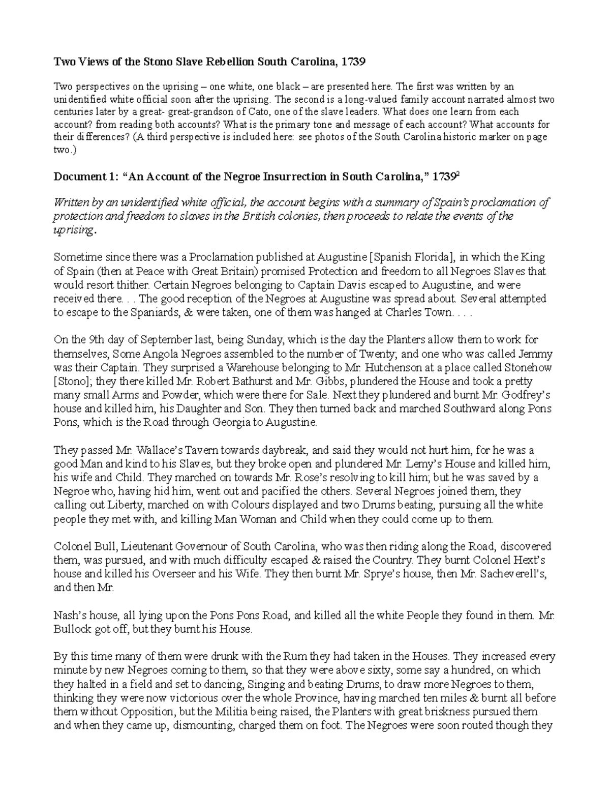 Contrasting Perspectives on the Stono Slave Rebellion (HIST 1739) - Studocu