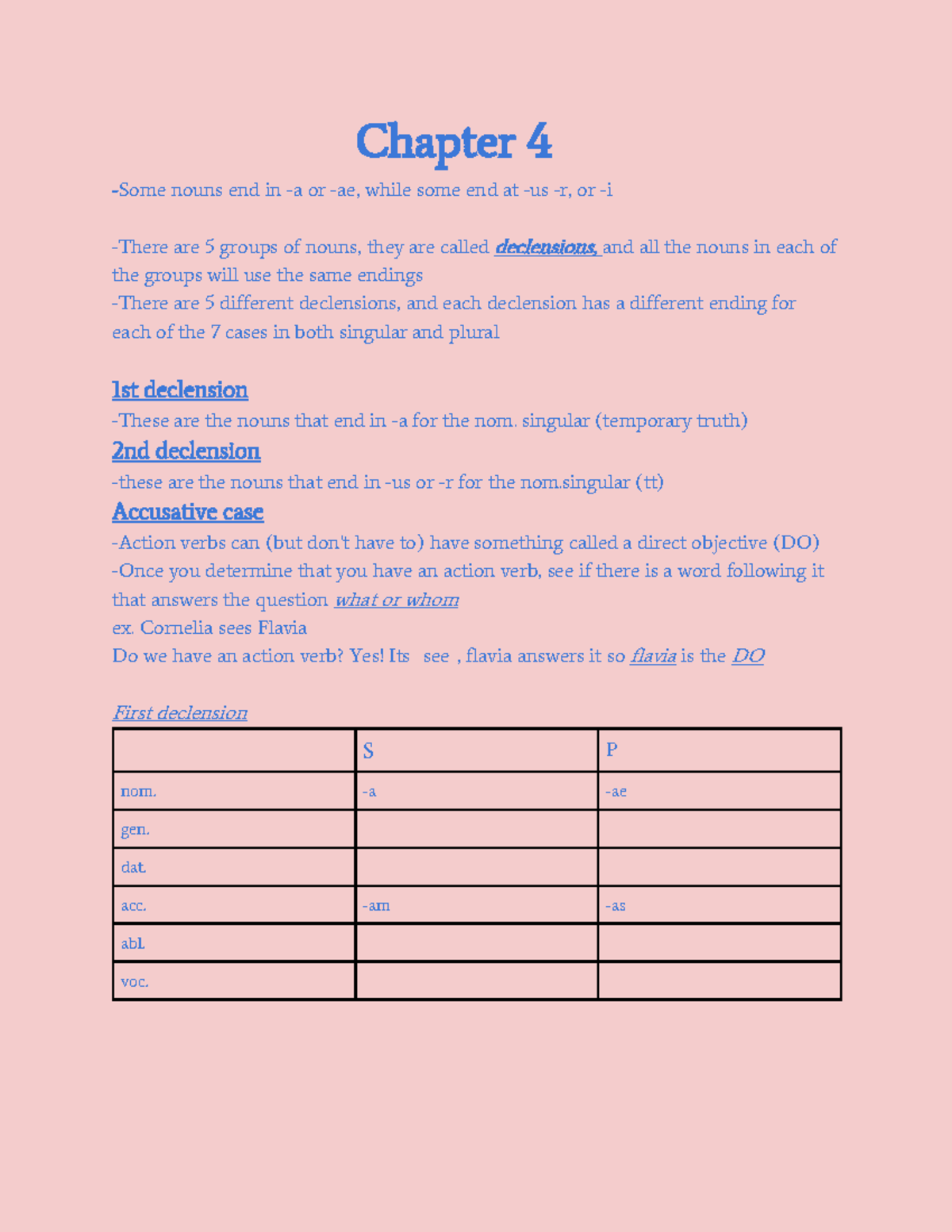 Latin 1 Chapter 4: Nouns, Declensions, and Action Verbs Notes - Studocu