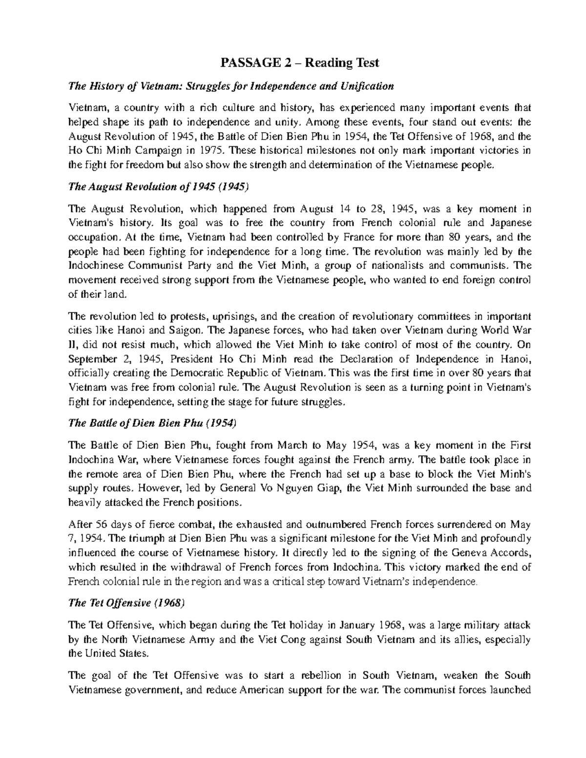 Vietnam's Struggles for Independence: Key Events (PASSAGE 2 Reading ...