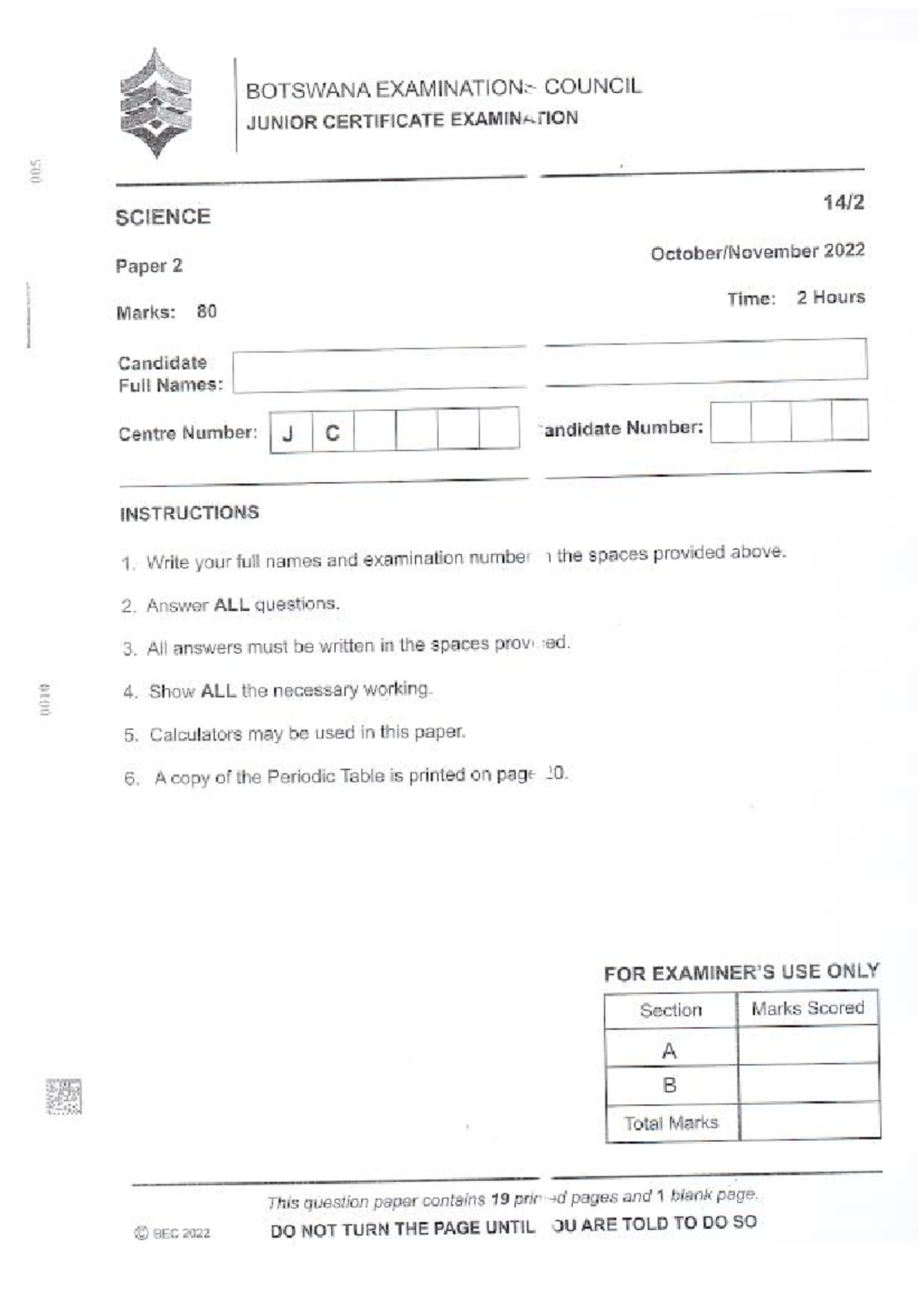 JCE 005 Science Exam Paper 2 - Botswana Junior Certificate 2022 - Studocu