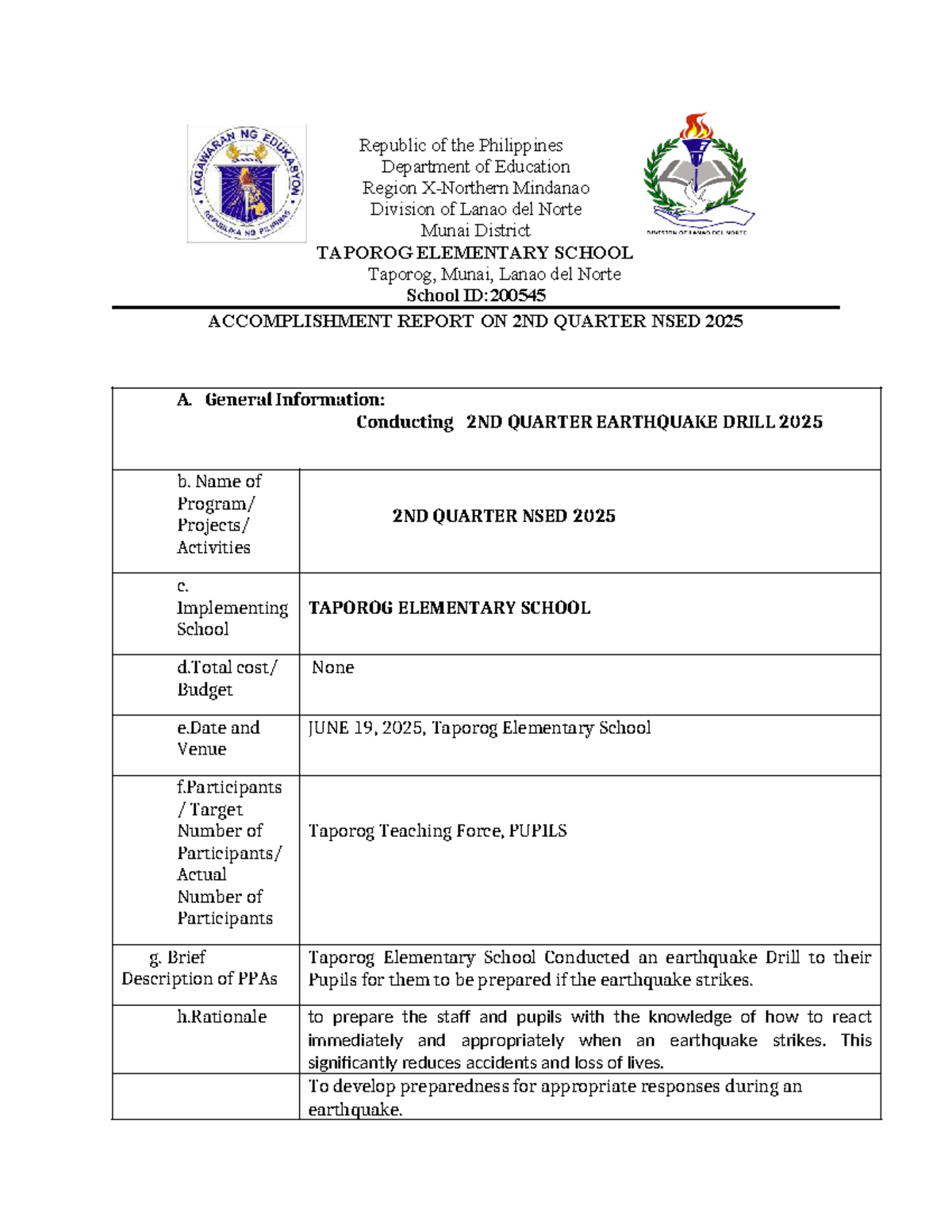 2nd Quarter NSED 2025 Accomplishment Report - Taporog Elementary School ...