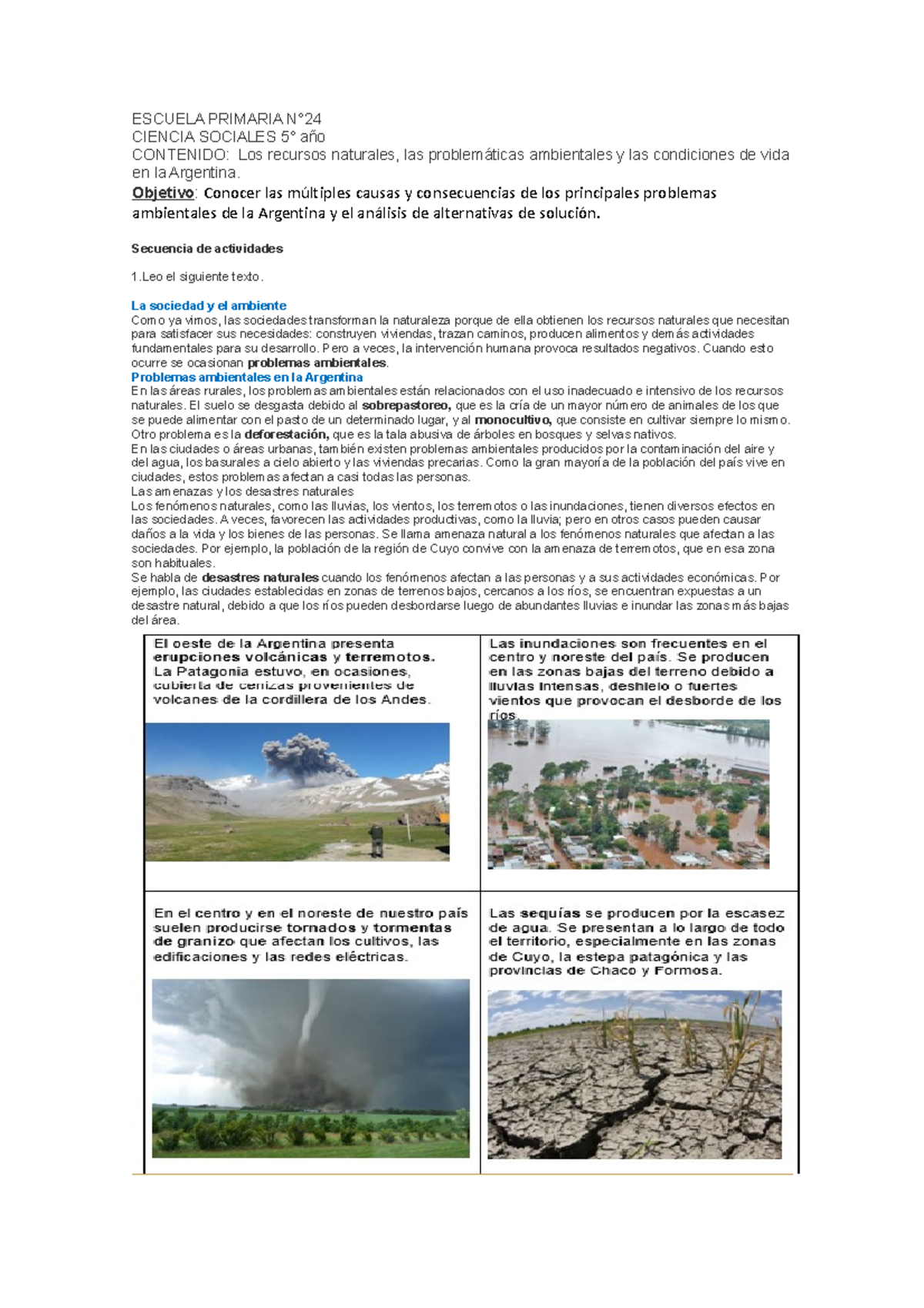 Secuencia de Actividades sobre Recursos Naturales en Ciencia Sociales 5 ...
