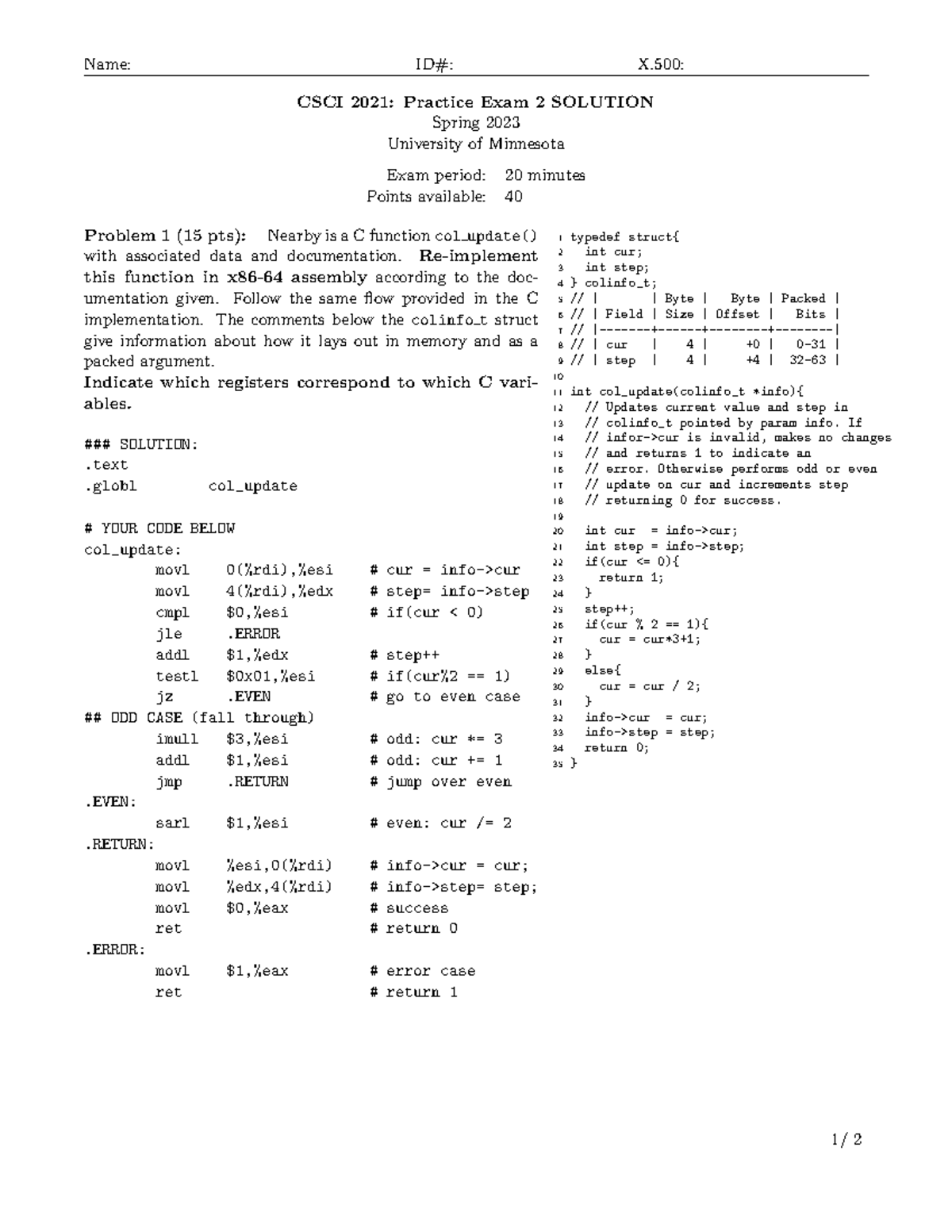 CSCI 2021: Spring 2023 Practice Exam 2 Solutions & Assembly Code ...