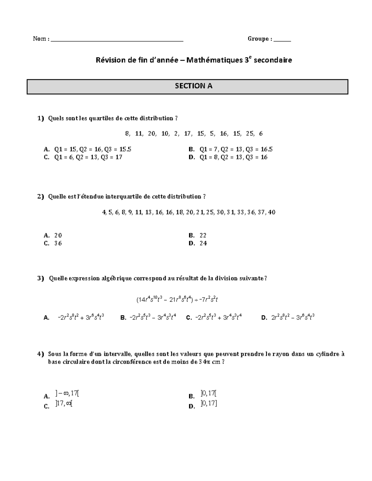 Révision de fin d'année - Examen pratique Mathématiques 3e sec - Studocu