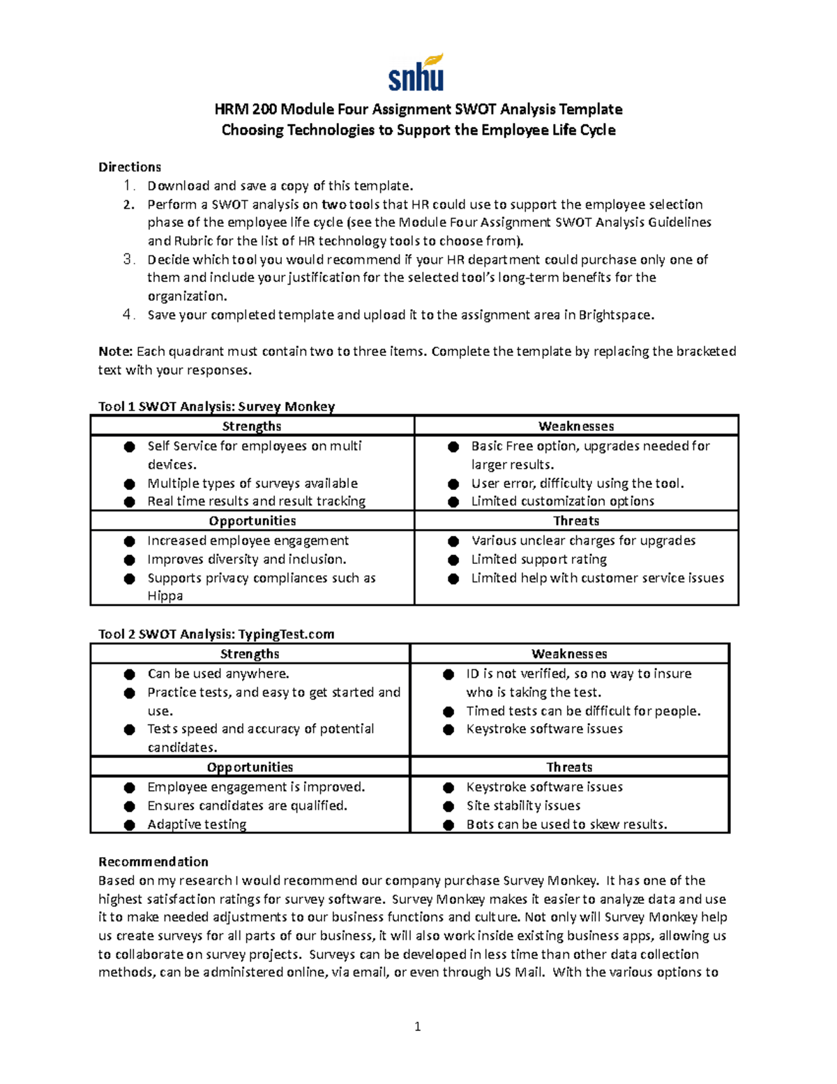 HRM 200 Module Four SWOT Analysis: Evaluating HR Technology Tools - Studocu