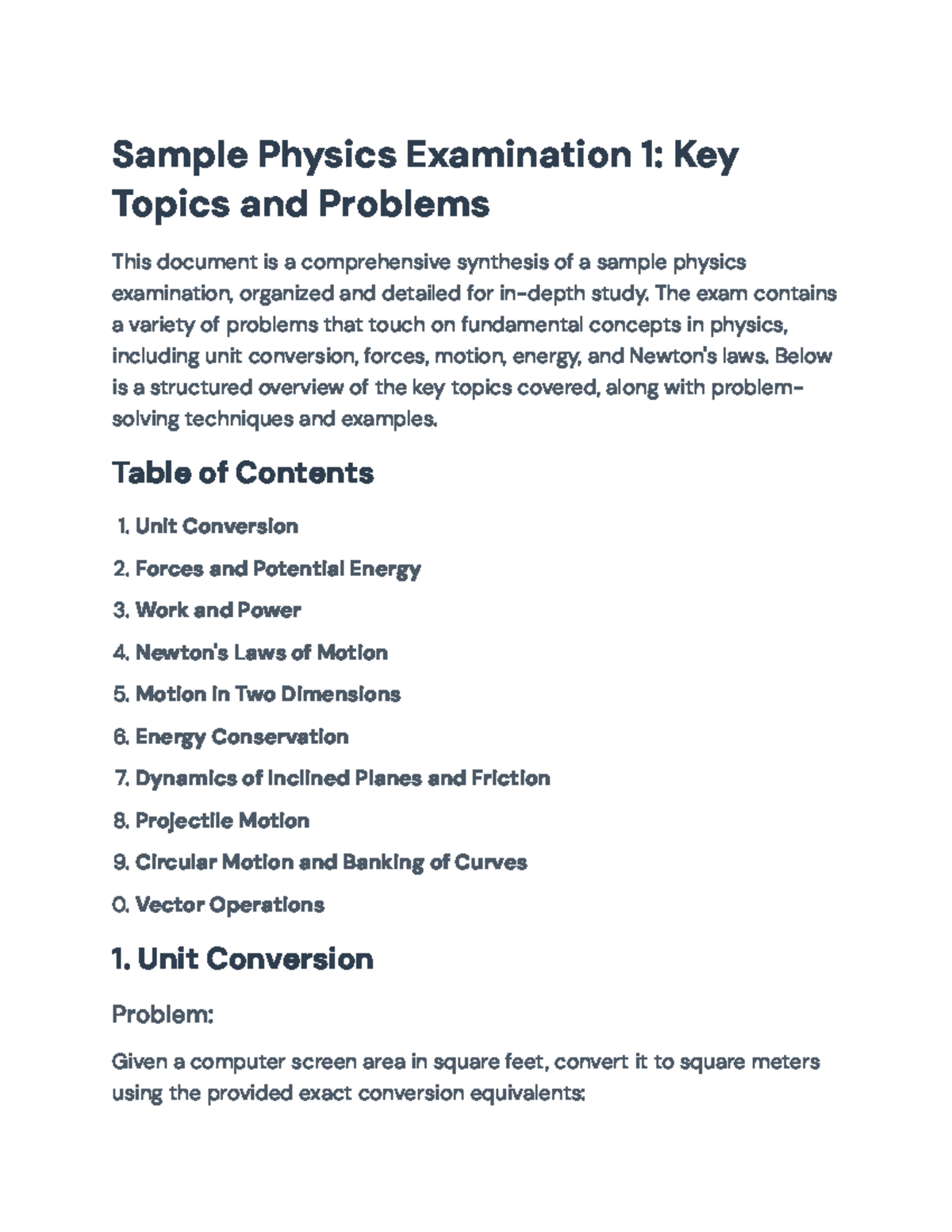 Sample Physics Exam 1: Key Topics and Problems for Review - Sample ...