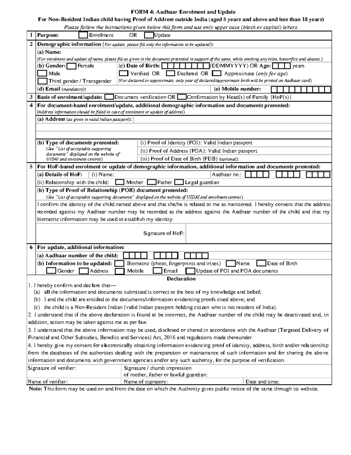FORM 4: Aadhaar Enrolment & Update for Indian Child (5-17 yrs) - Studocu
