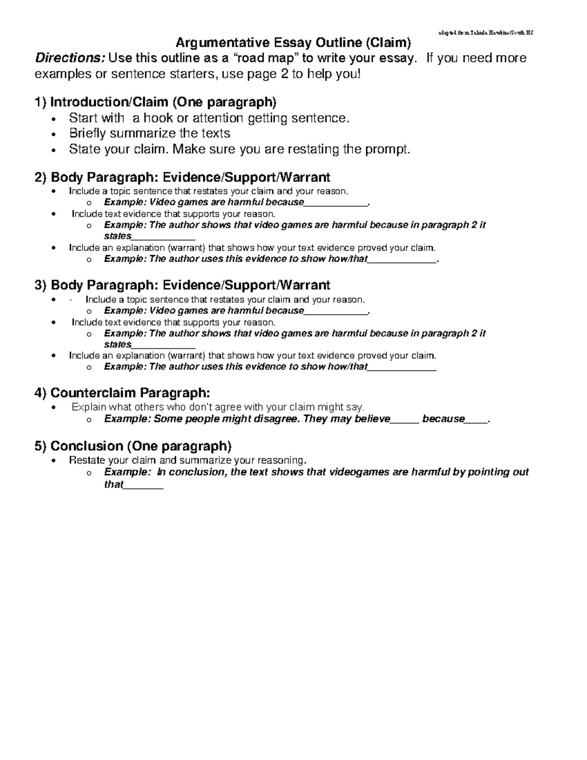 Argumentative Essay Outline (Claim) - Guidelines for Structure and ...