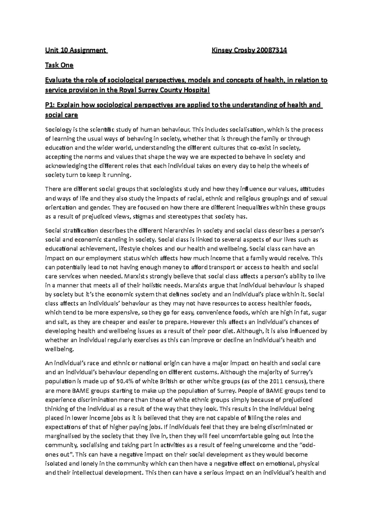 BTEC Level 3 Health & Social Care - Unit 10: Sociological Perspectives ...