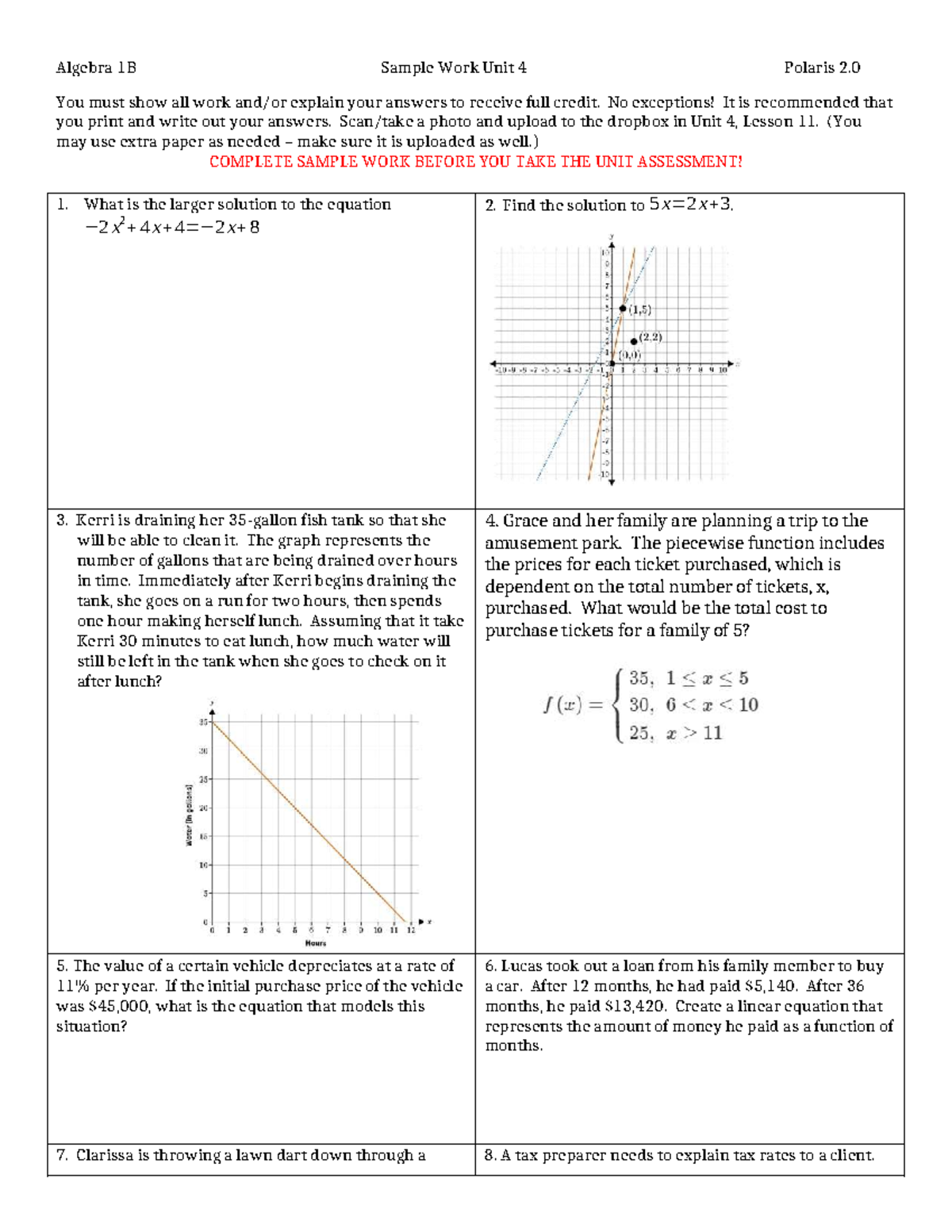 Alg. 1B Unit 4 Sample Work Worksheet for Assessment - Studocu