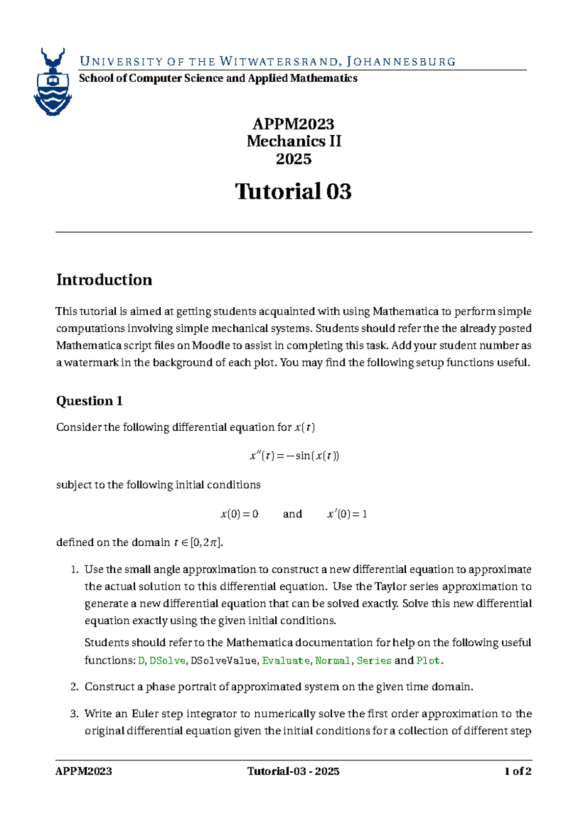 APPM2023 Mechanics II 2025 Tutorial 03: Mathematica Computations - Studocu