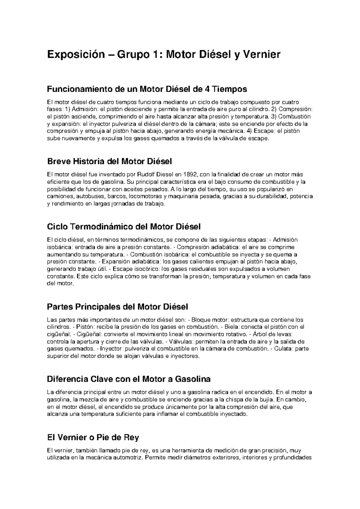 Grupo 1: Exposición Completa sobre el Motor Diésel y Vernier - Studocu
