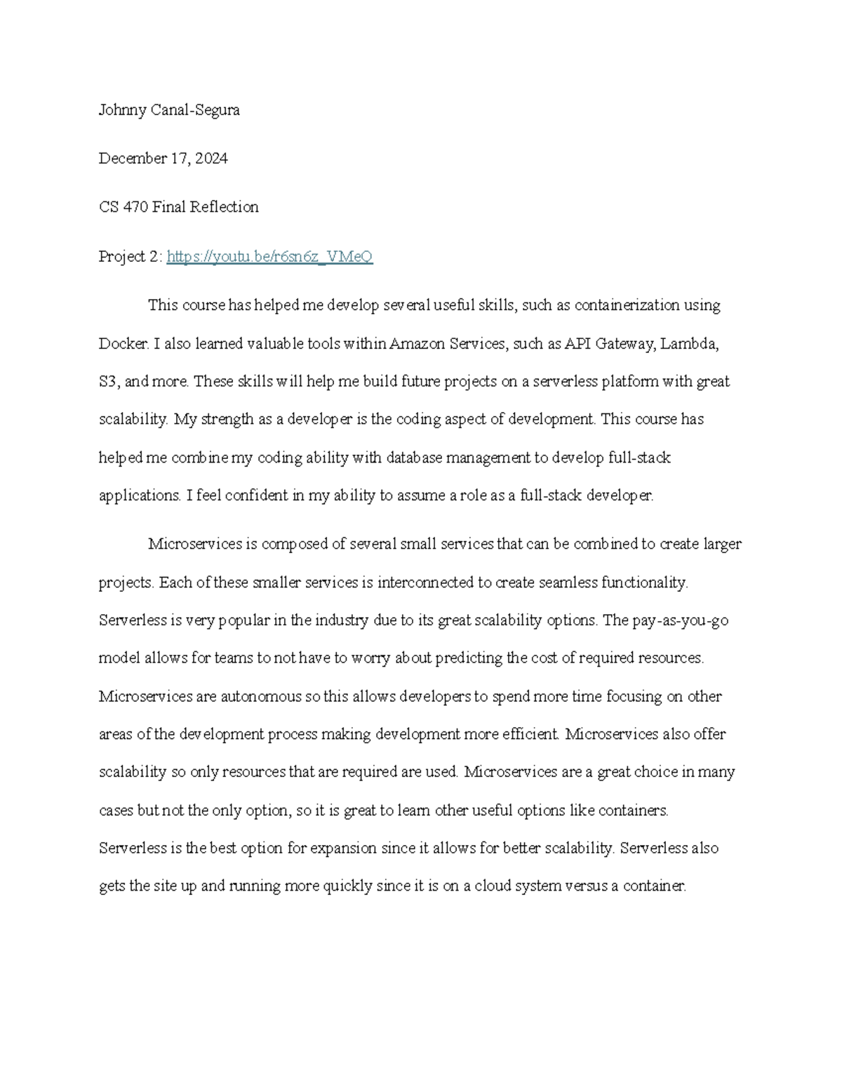 CS 470 8-1 Final Reflection - Johnny Canal-Segura December 17, 2024 CS 470 Final Reflection ...