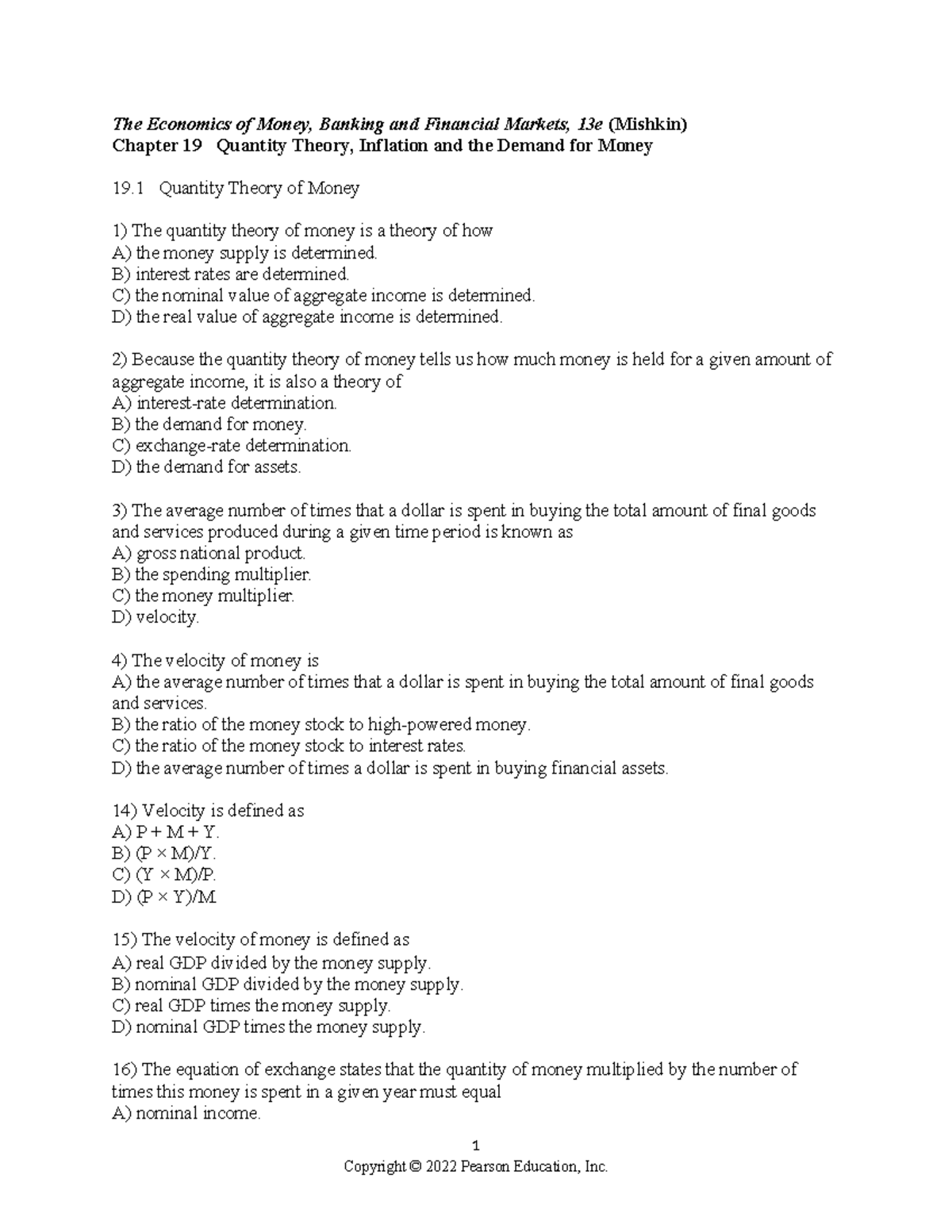 Chapter 19: Quantity Theory, Inflation, and Demand for Money (Econ 101 ...