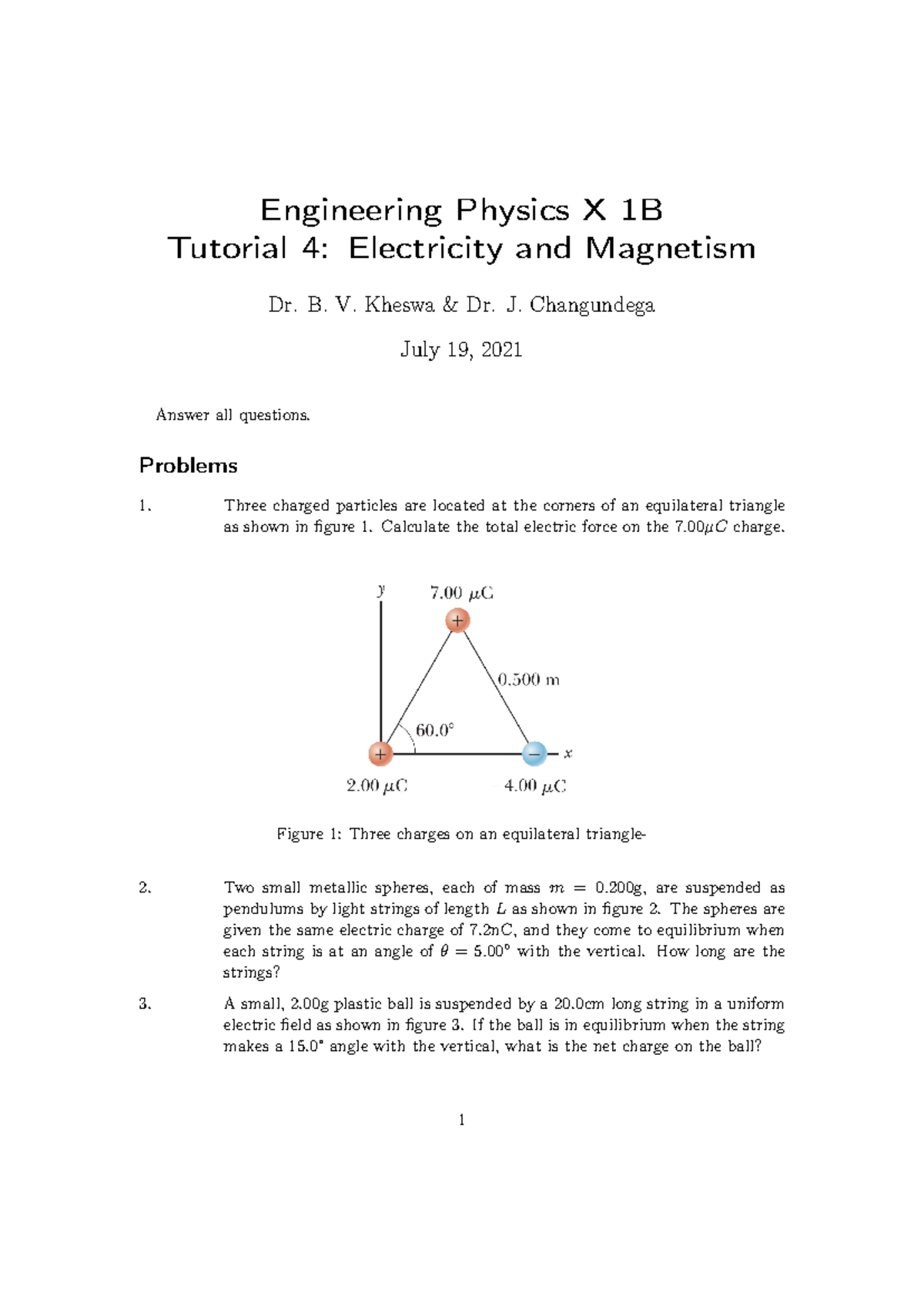 Tutorial 4 - Eng. Phys. X 1B: Electricity & Magnetism Concepts - Studocu