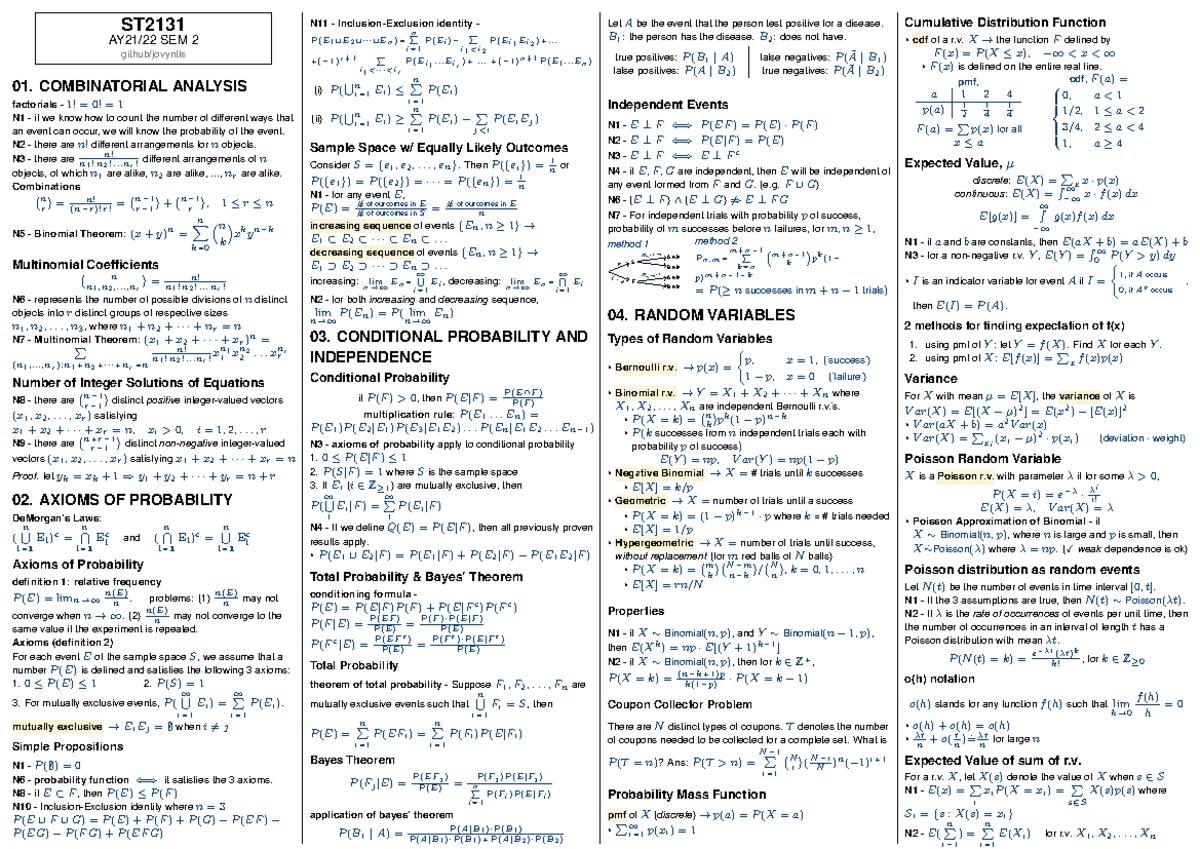 ST2131 Midterm Exam Cheat Sheet: Probability & Combinatorial Analysis - Studocu