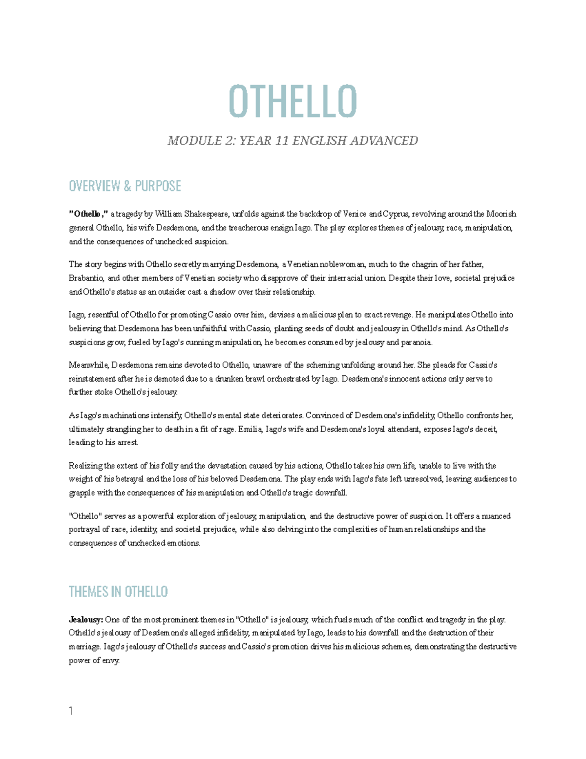 Othello Notes - OTHELLO MODULE 2: YEAR 11 ENGLISH ADVANCED OVERVIEW ...