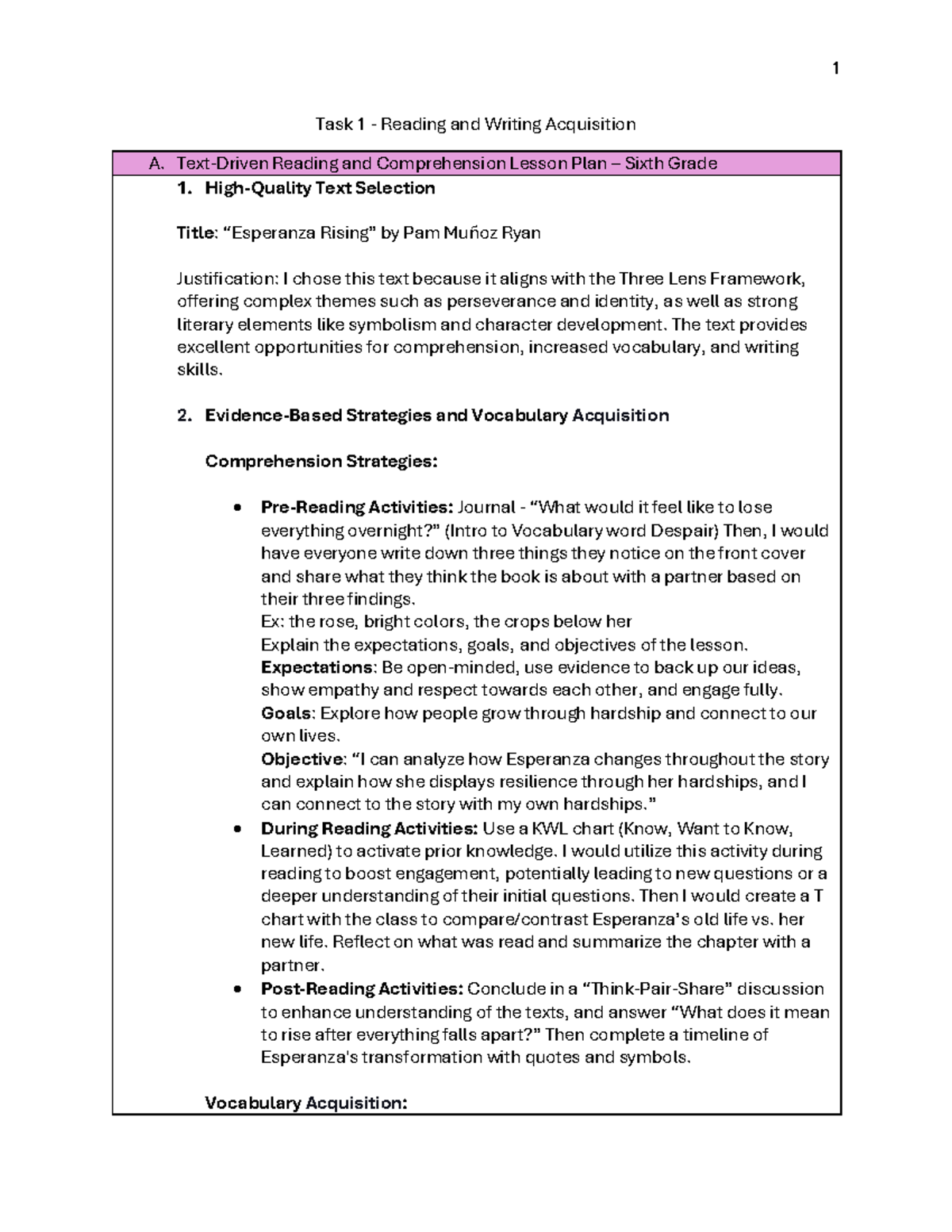 Task 1 - D670 - Reading & Writing Acquisition Lesson Plan - Studocu
