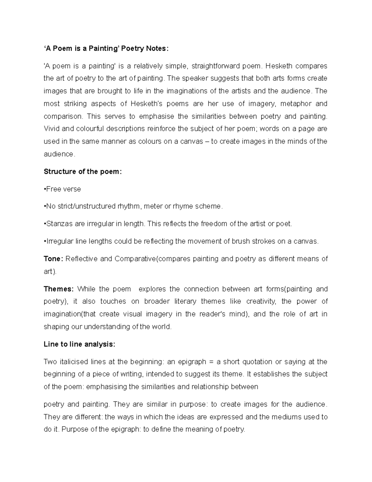 A Poem is a Painting: Comparative Poetry Notes (ENG 101) - Studocu