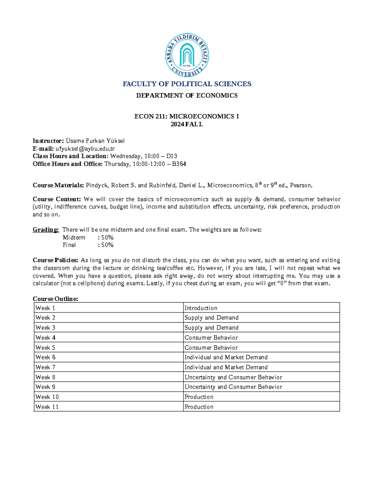ECON 211 Syllabus - Microeconomics I for Fall 2024 Exam - Studocu