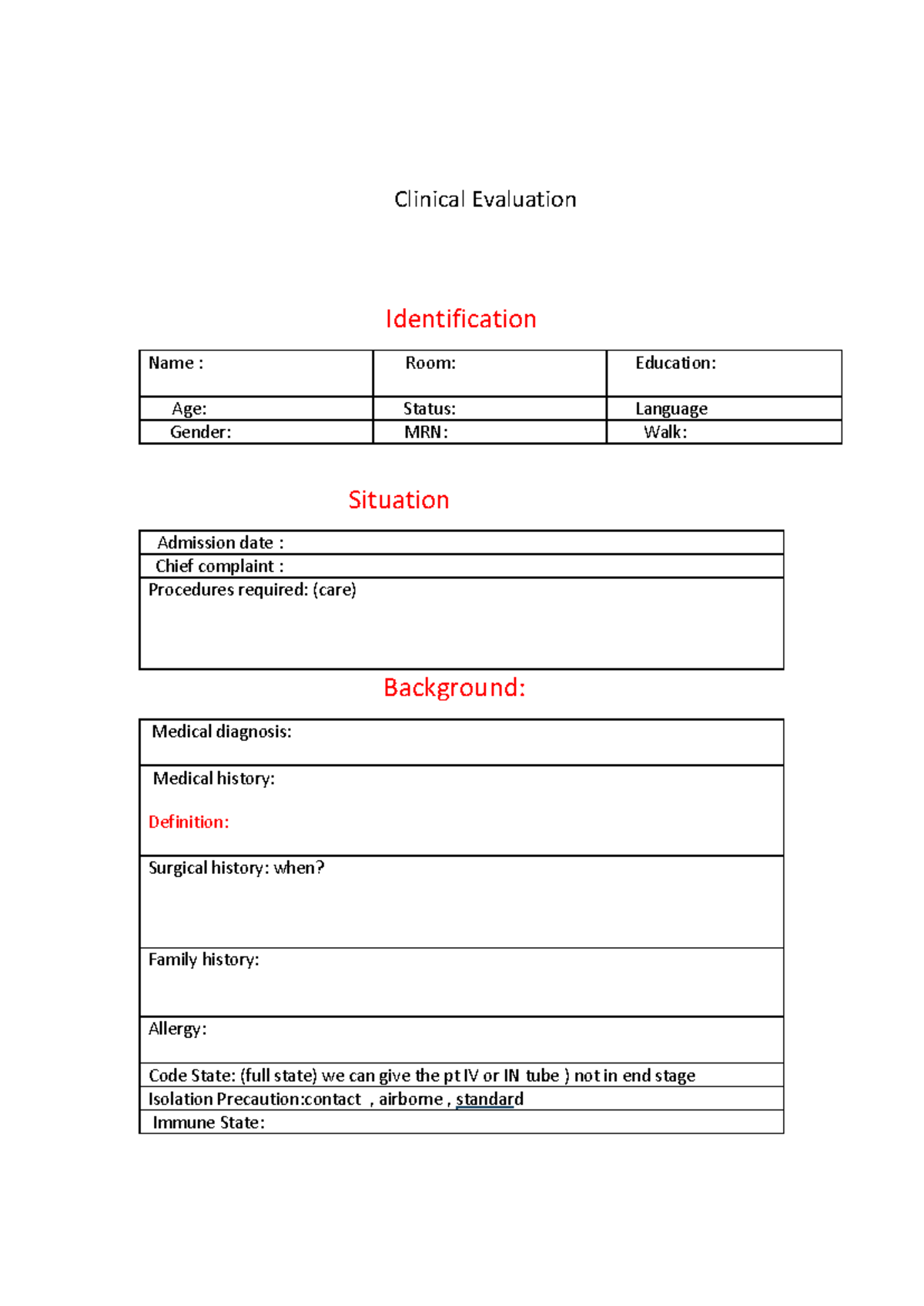 Clinical Evaluation Form: Patient Assessment & Care Plan - Studocu