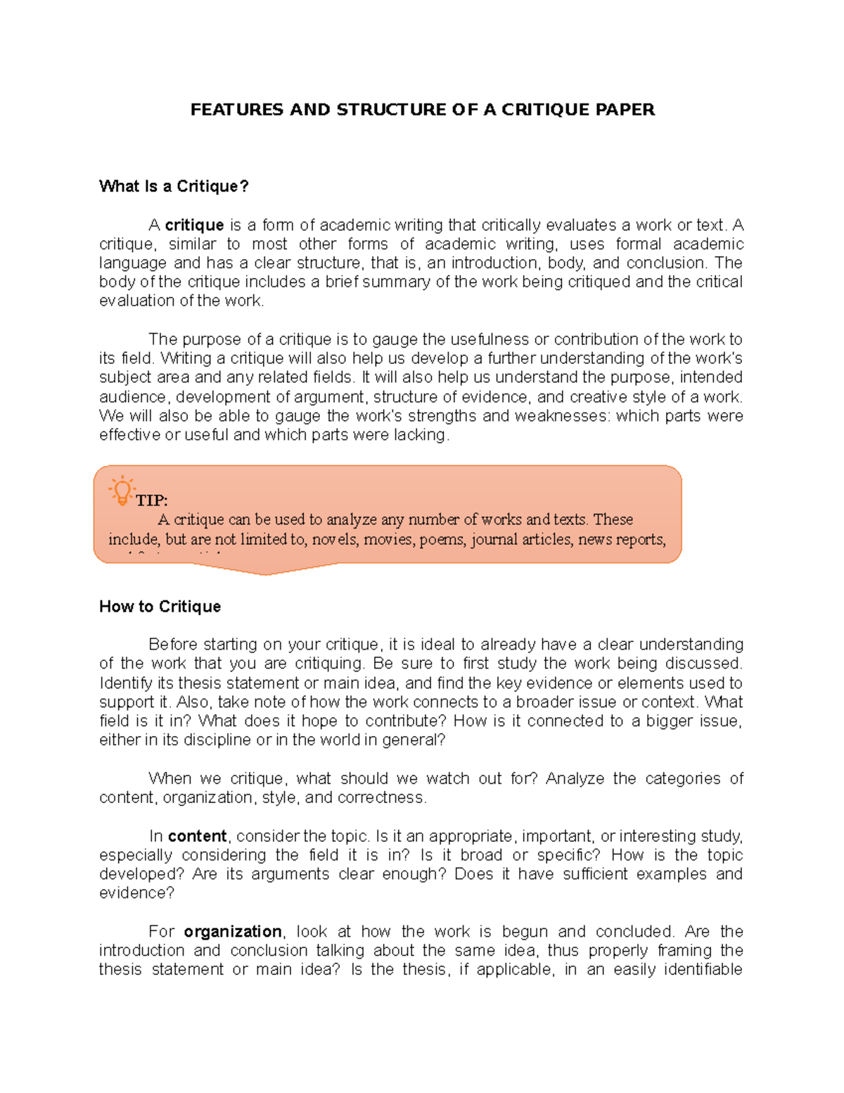 Critique Paper Format Features AND Structure OF A Critique Paper