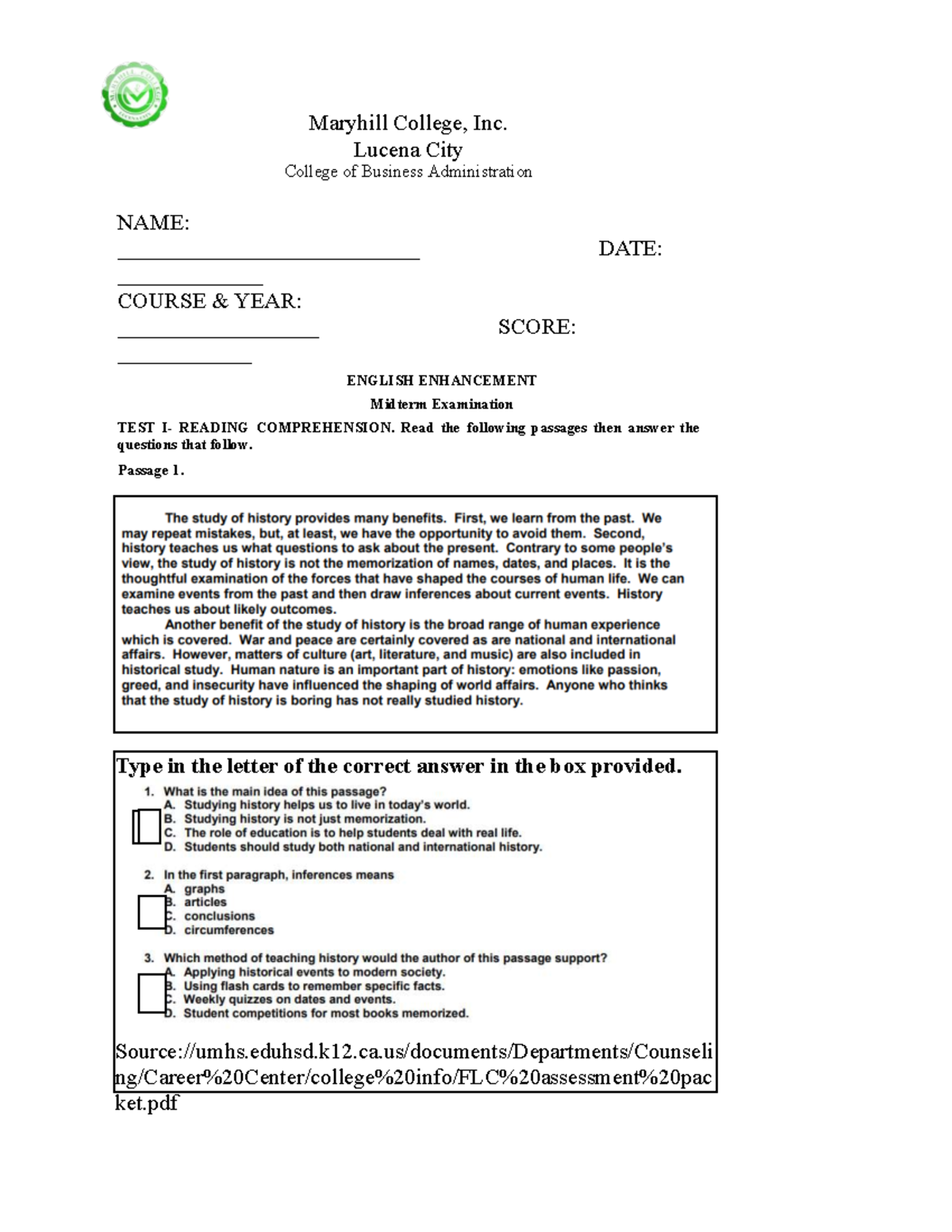 ARDSL English 1 Midterm Exam: Reading Comprehension & Skills - Studocu