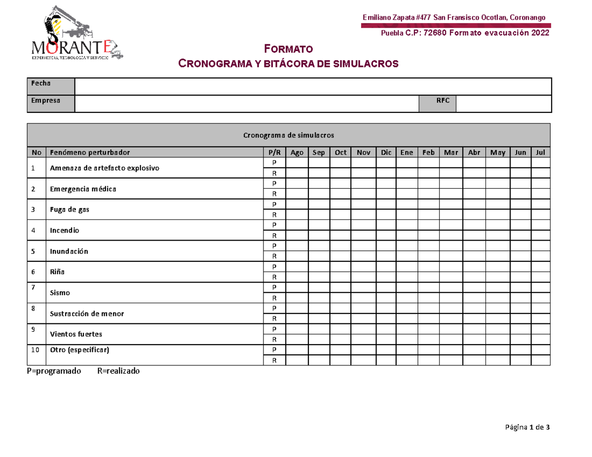 Formato de Simulacro de Evacuación y Cronograma 2022 - Studocu