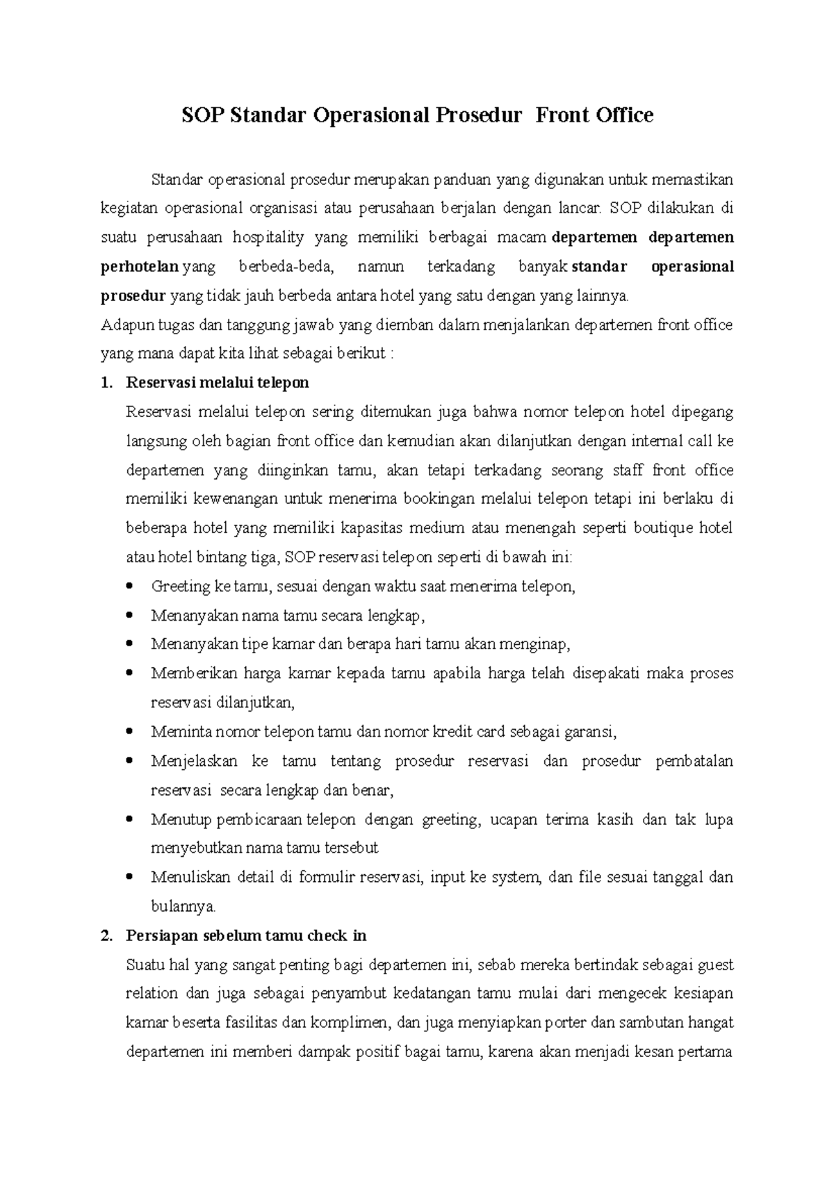 SOP Prosedur Operasional Front Office di Perhotelan - Studocu