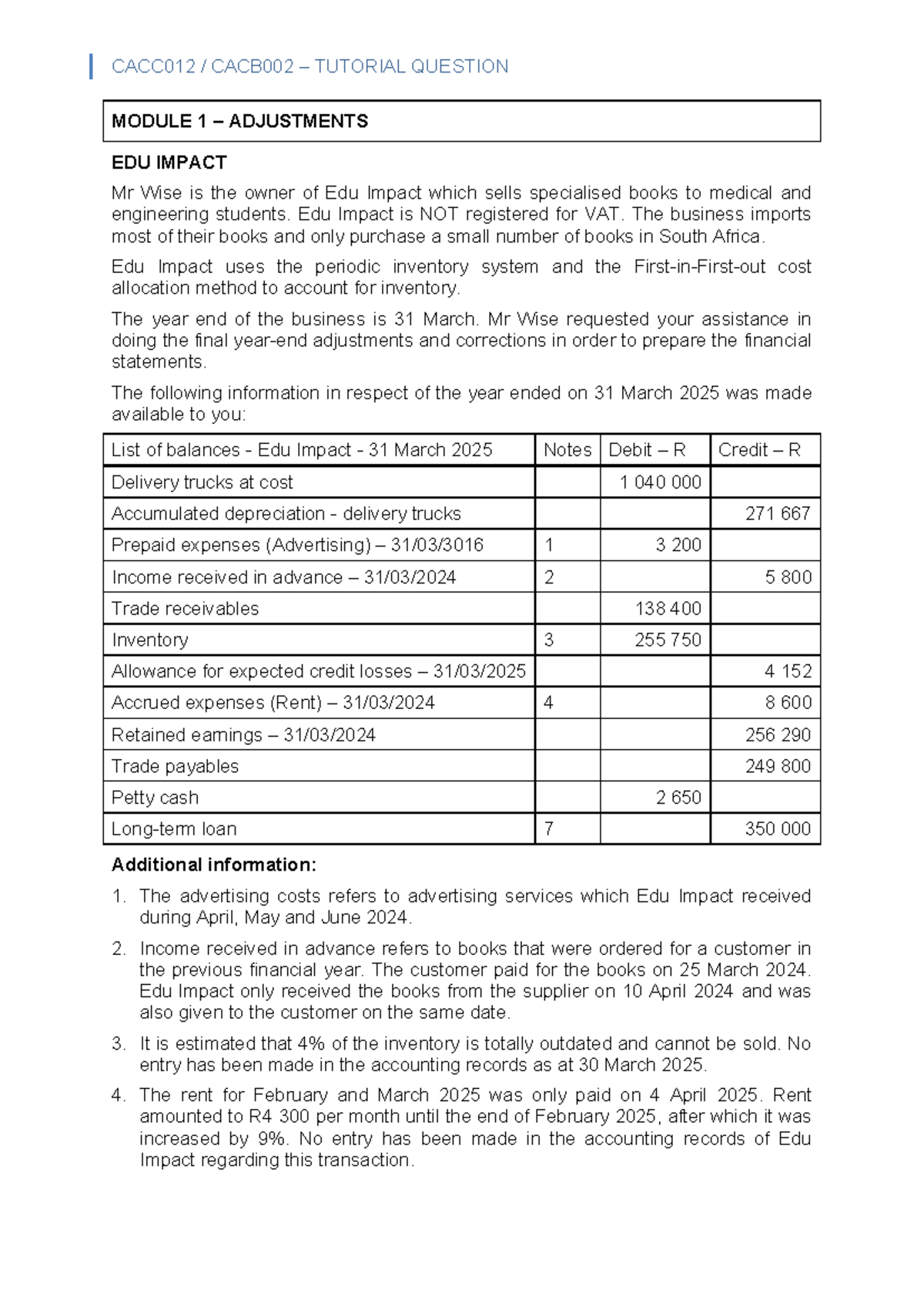 CACC012 CACB002 Module 1 Tutorial Questions on Adjustments - Studocu