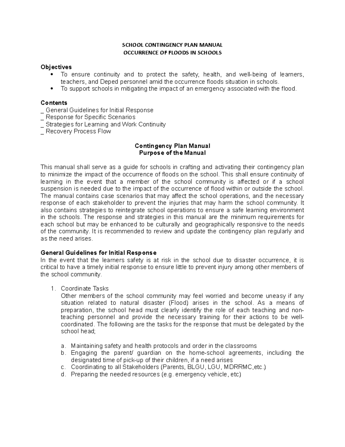 Flood Contingency Plan Manual for Schools - Safety & Recovery ...
